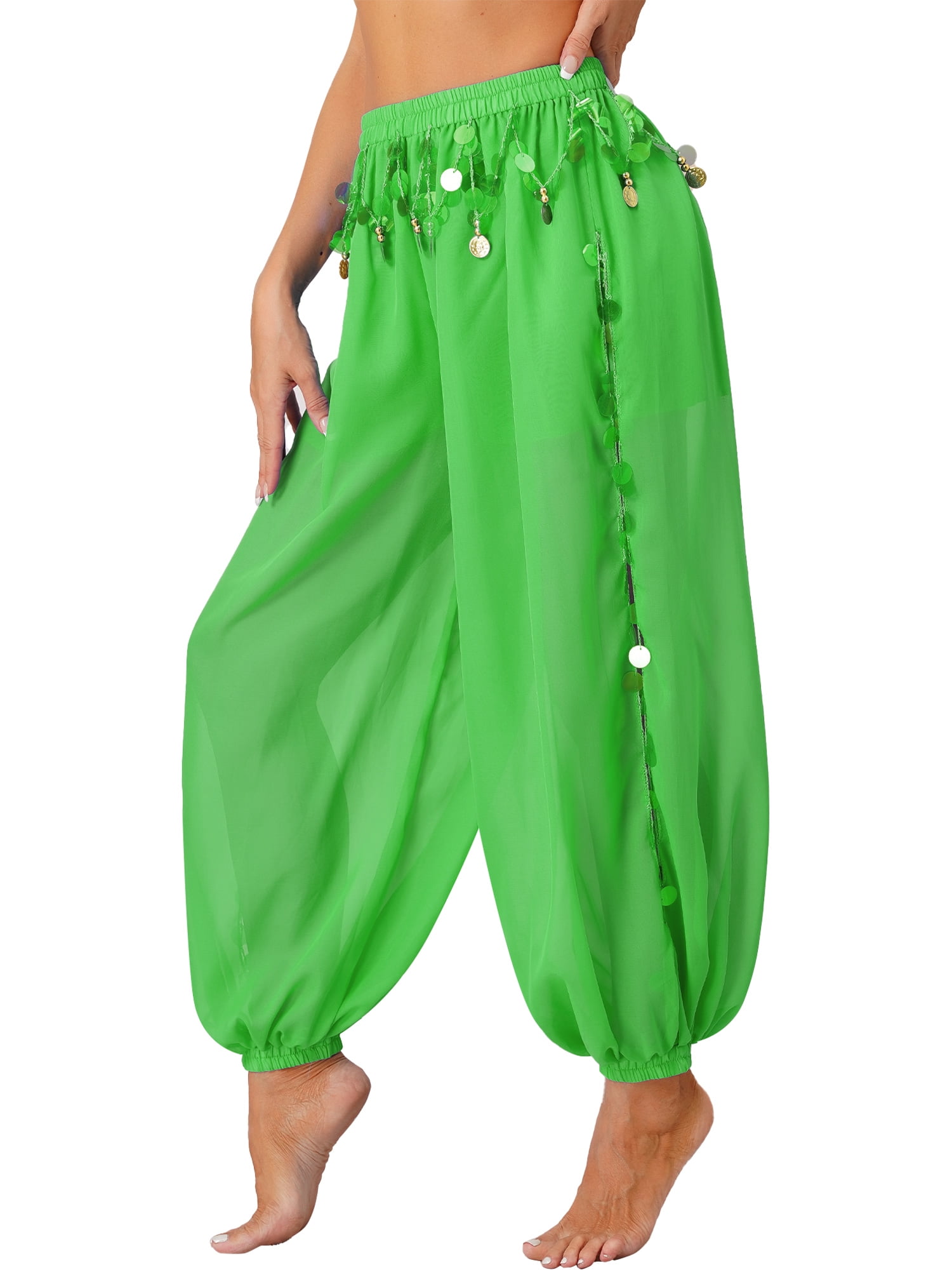 inlzdz Women's Belly Dance Costume Coin Chain Waist Pants Side Split ...