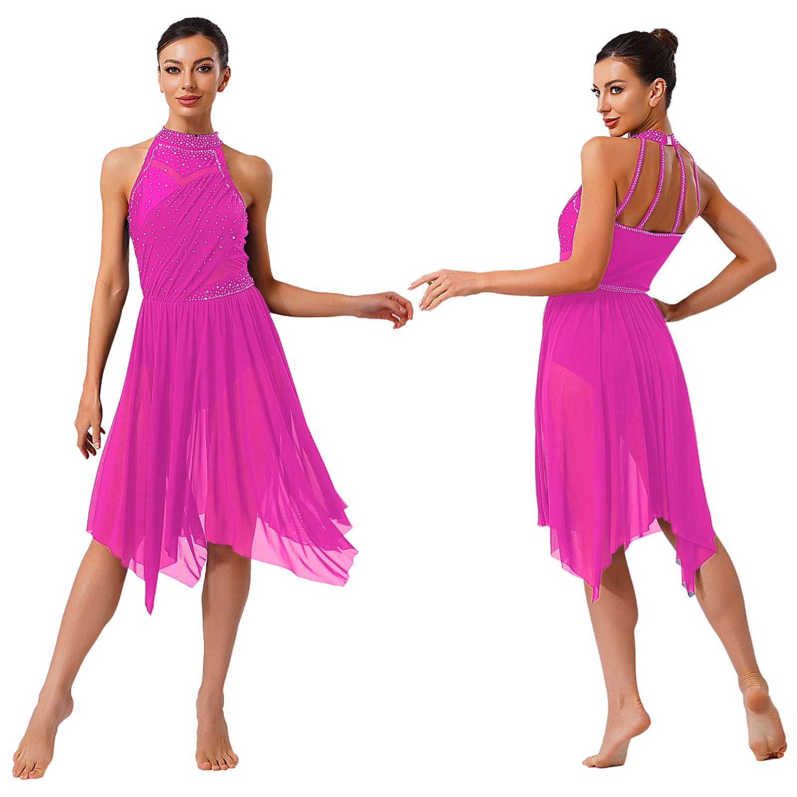 inlzdz Women's Lyrical Dance Dress Irregular Mesh Ruffled Skirt Hem ...