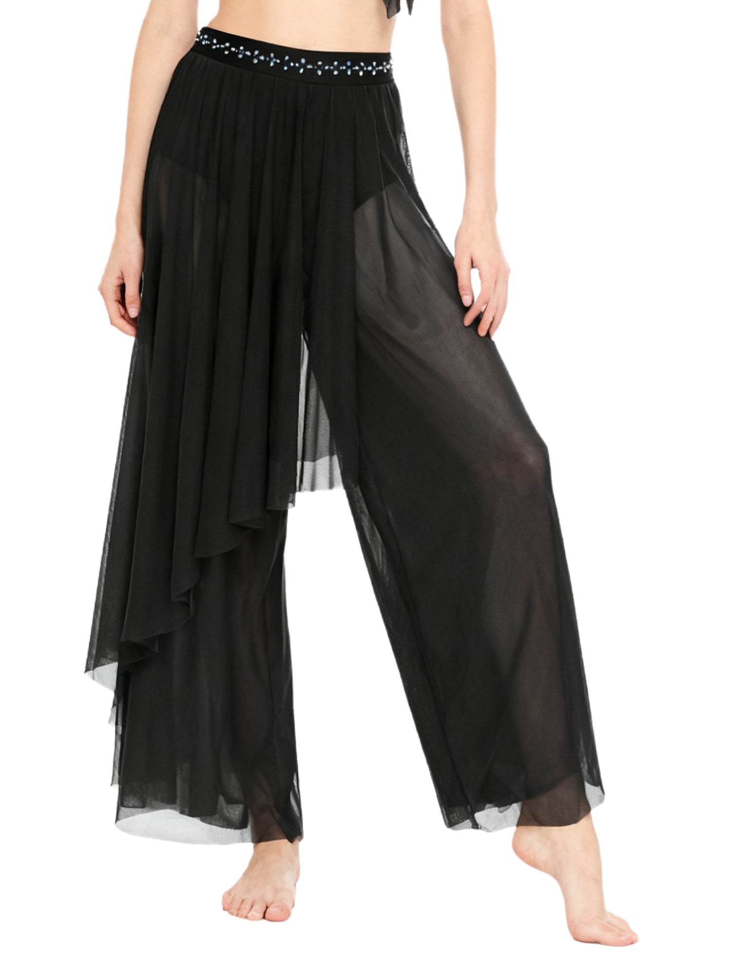 inlzdz Women's Mesh Lyrical Dance Pants Flowy Wide Leg Trousers Modern ...