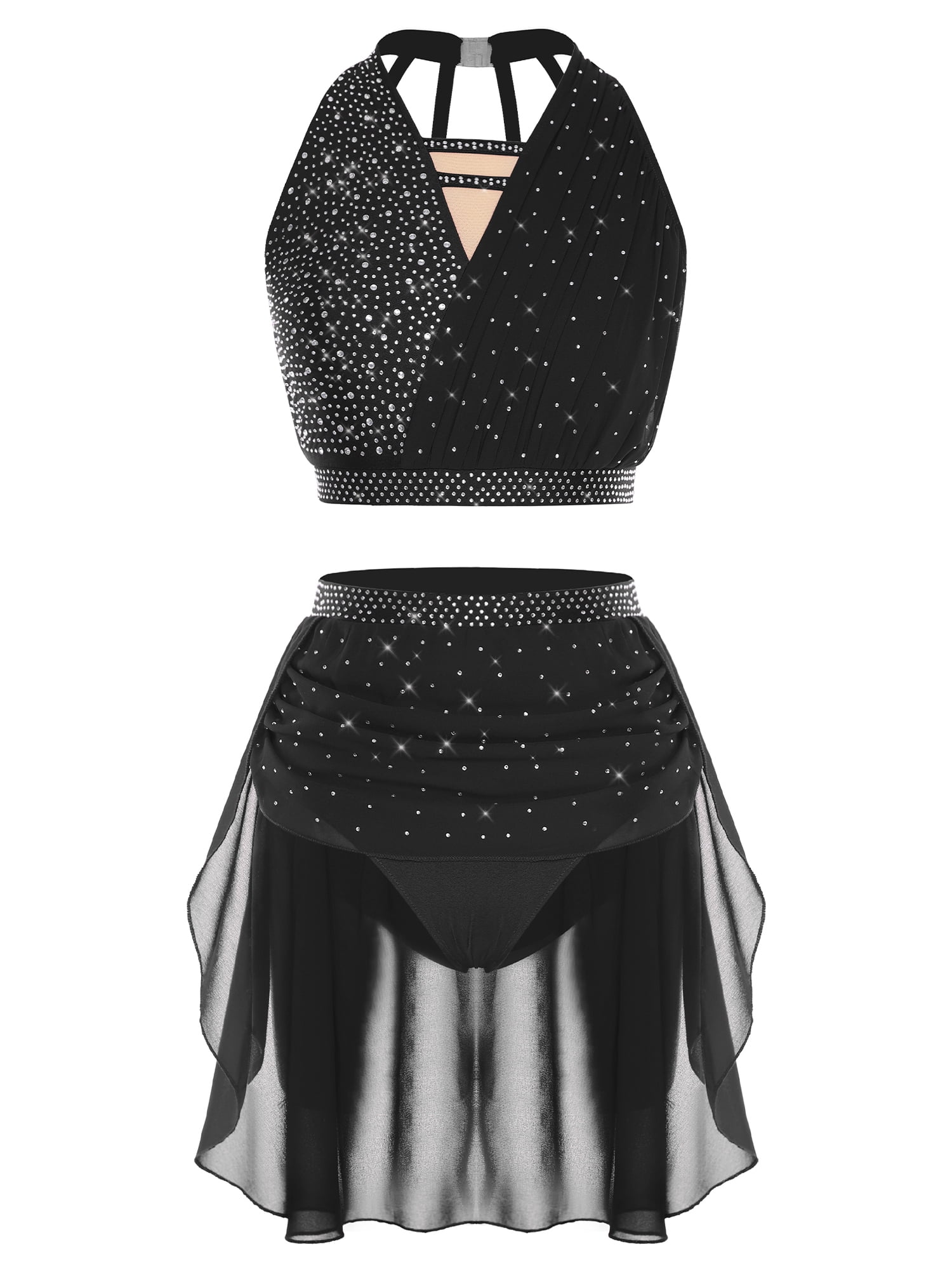 inlzdz Womens 2-Piece Dance Outfits Shiny Sequin Halter Top Built-in ...