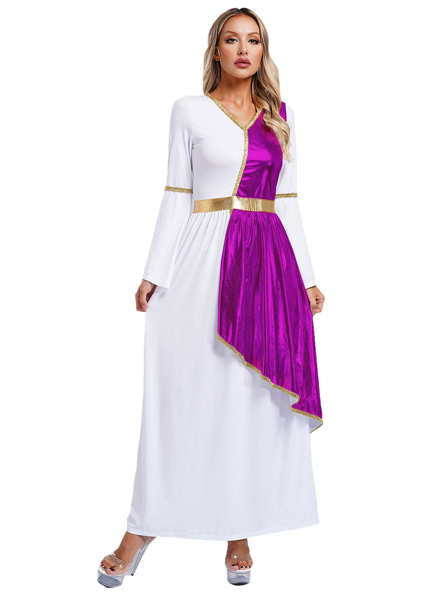inlzdz Womens Ancient Greek Tunic Dress Metallic Overlay Long Sleeve ...