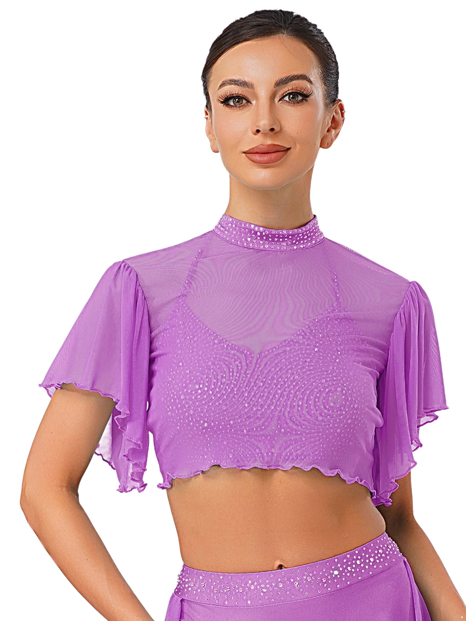 inlzdz Womens Dance Cover Up Top Short Sleeve Mesh Open Back Rhinestone ...