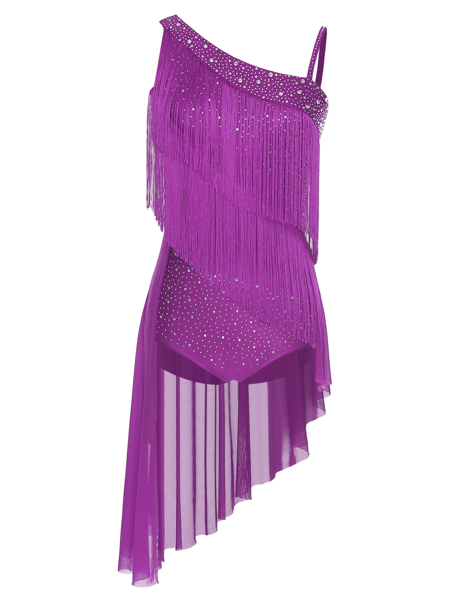inlzdz Womens Latin Tango Dance Dress Asymmetrical Shoulder Tassel ...