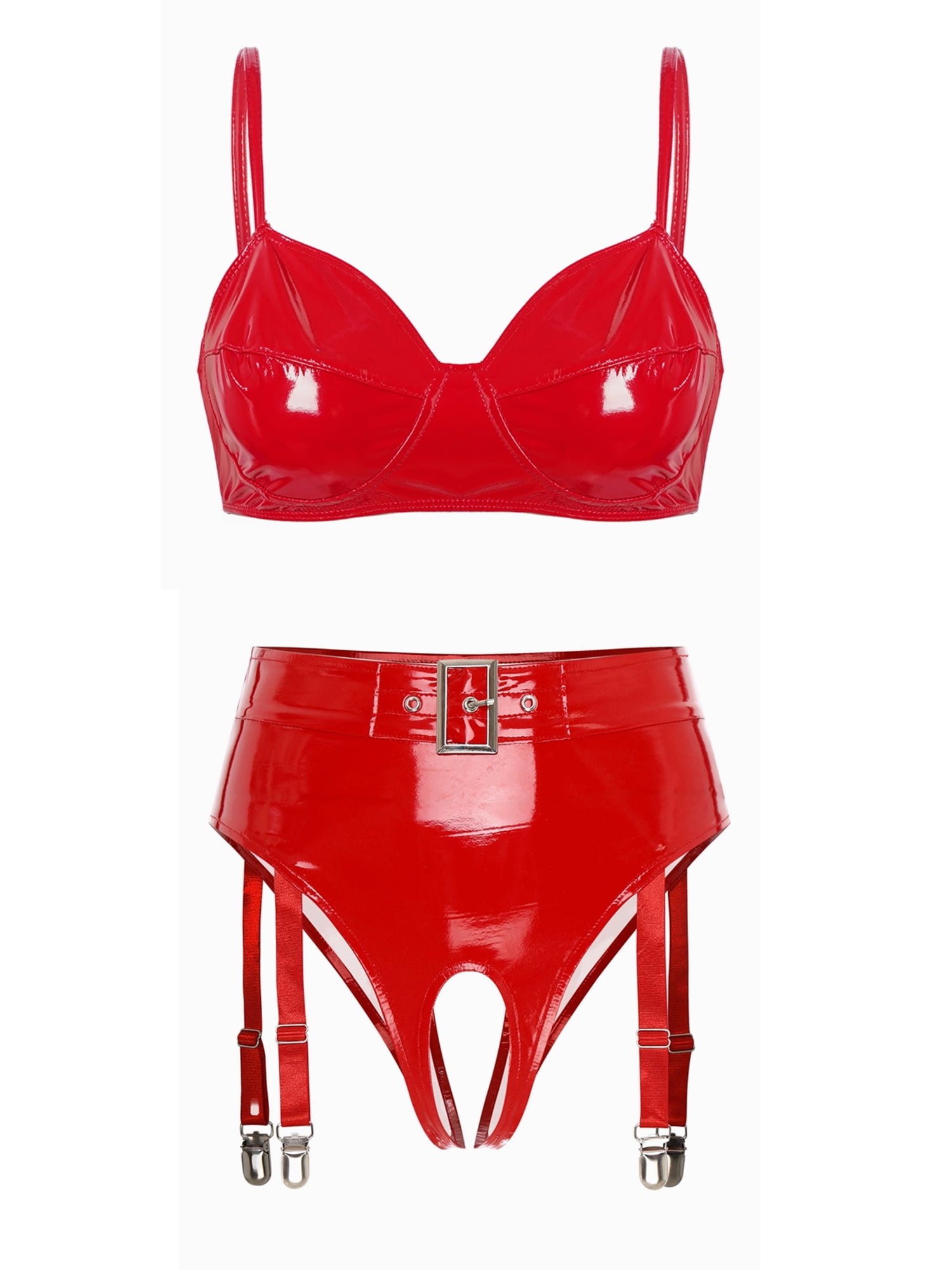 Inlzdz Womens Shiny Leather Open Crotch Lingerie Set Wirefree Bra With