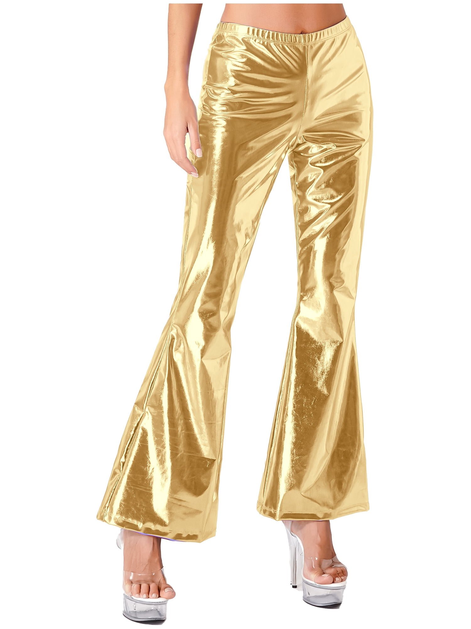 inlzdz Womens Shiny Metallic Bell Bottom Long Pants Disco Dance Outfits ...
