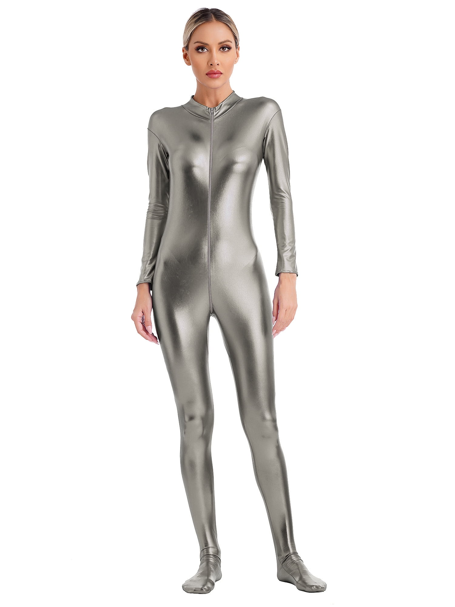 inlzdz Womens Shiny Metallic Long Sleeve Unitard for Gymnastics Dance ...