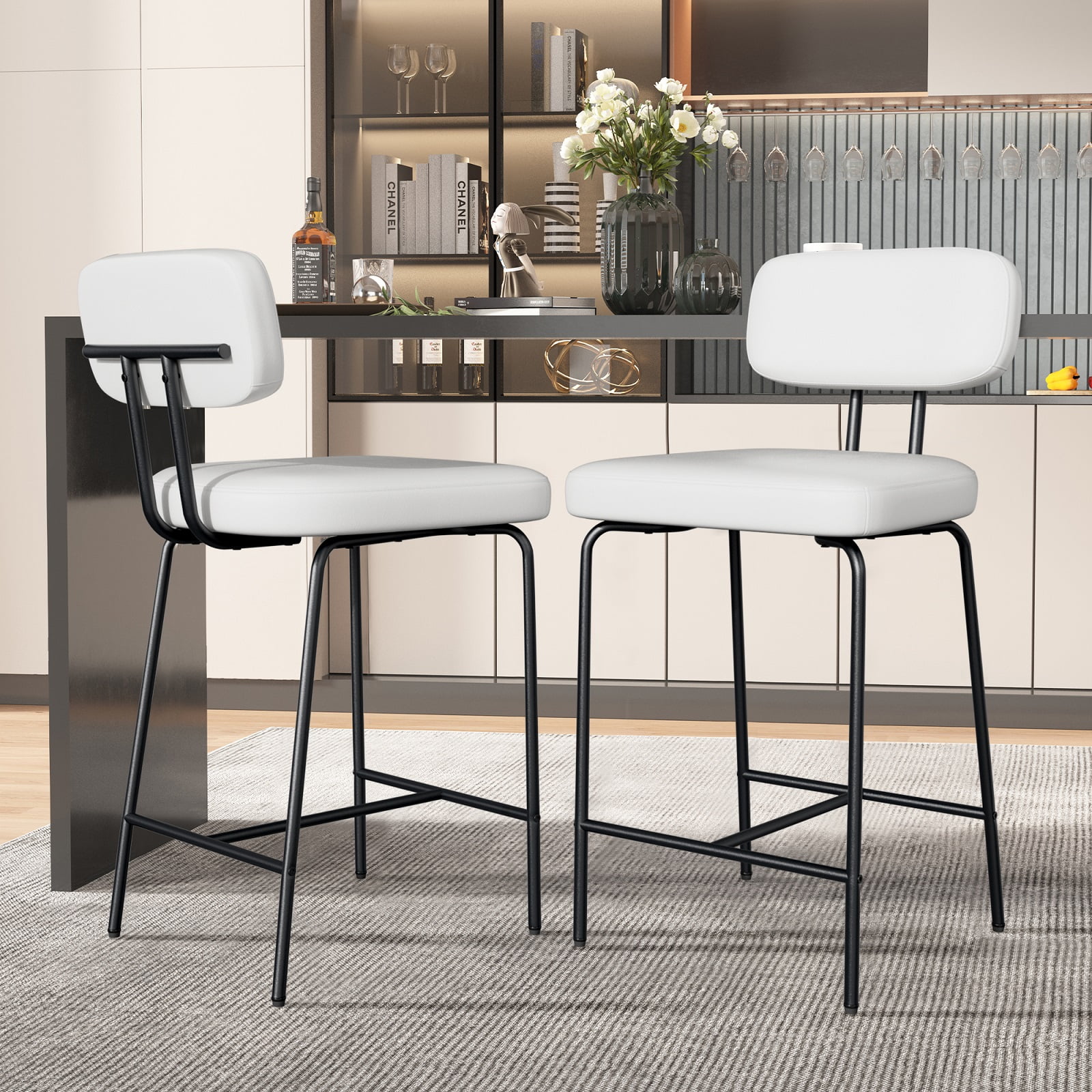 iooHug 26" PU Leather Bar Stools with Backs, Set of 2 Counter Height ...