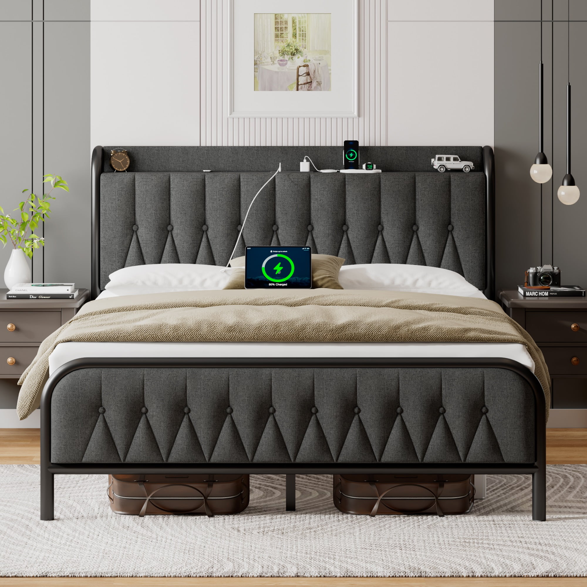 iPormis Queen Bed Frame with Type-C & USB Ports,12" Underbed Storage ...