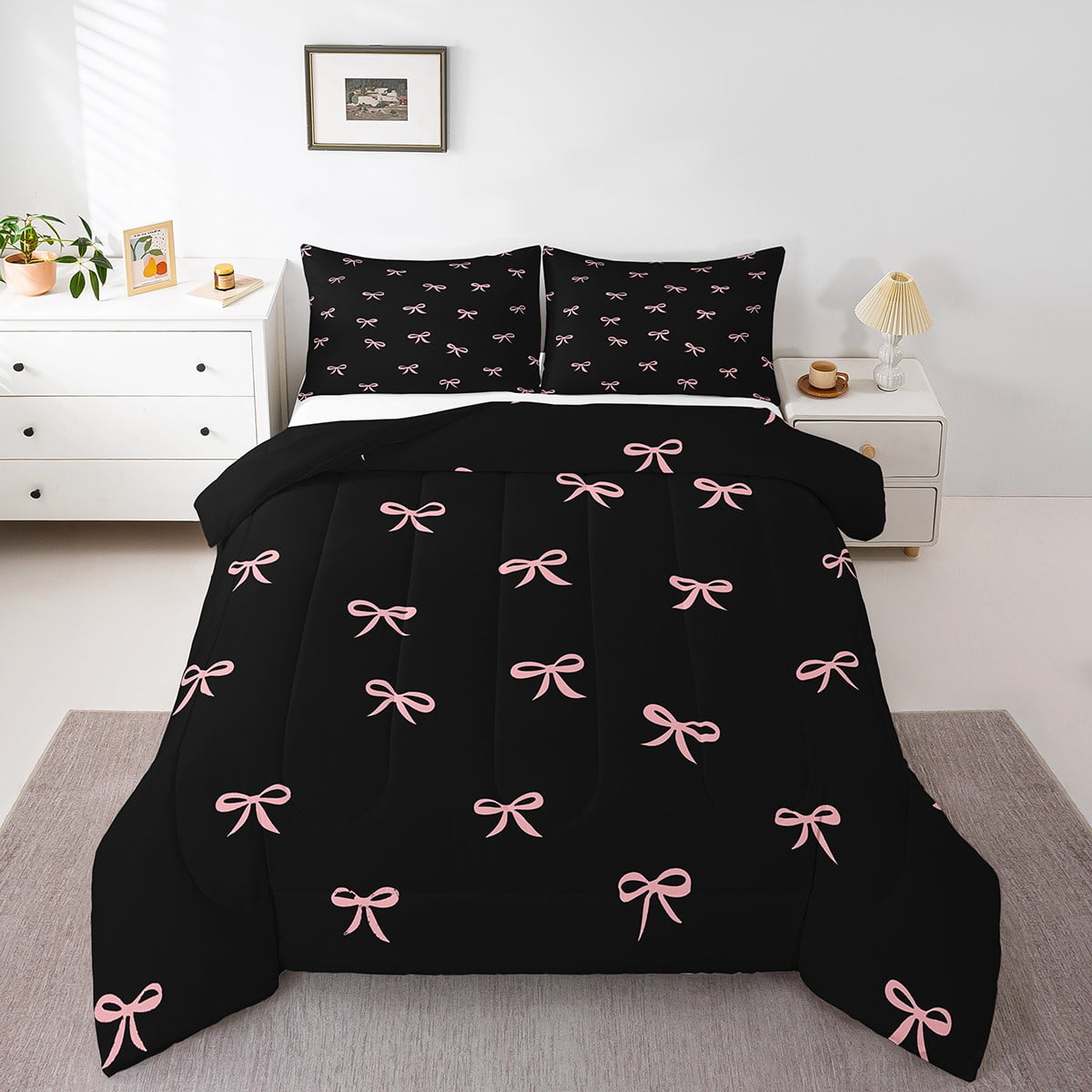 ish Pink Bow Bedding Set Twin Size Lovely Hand Drawn Comforter ...