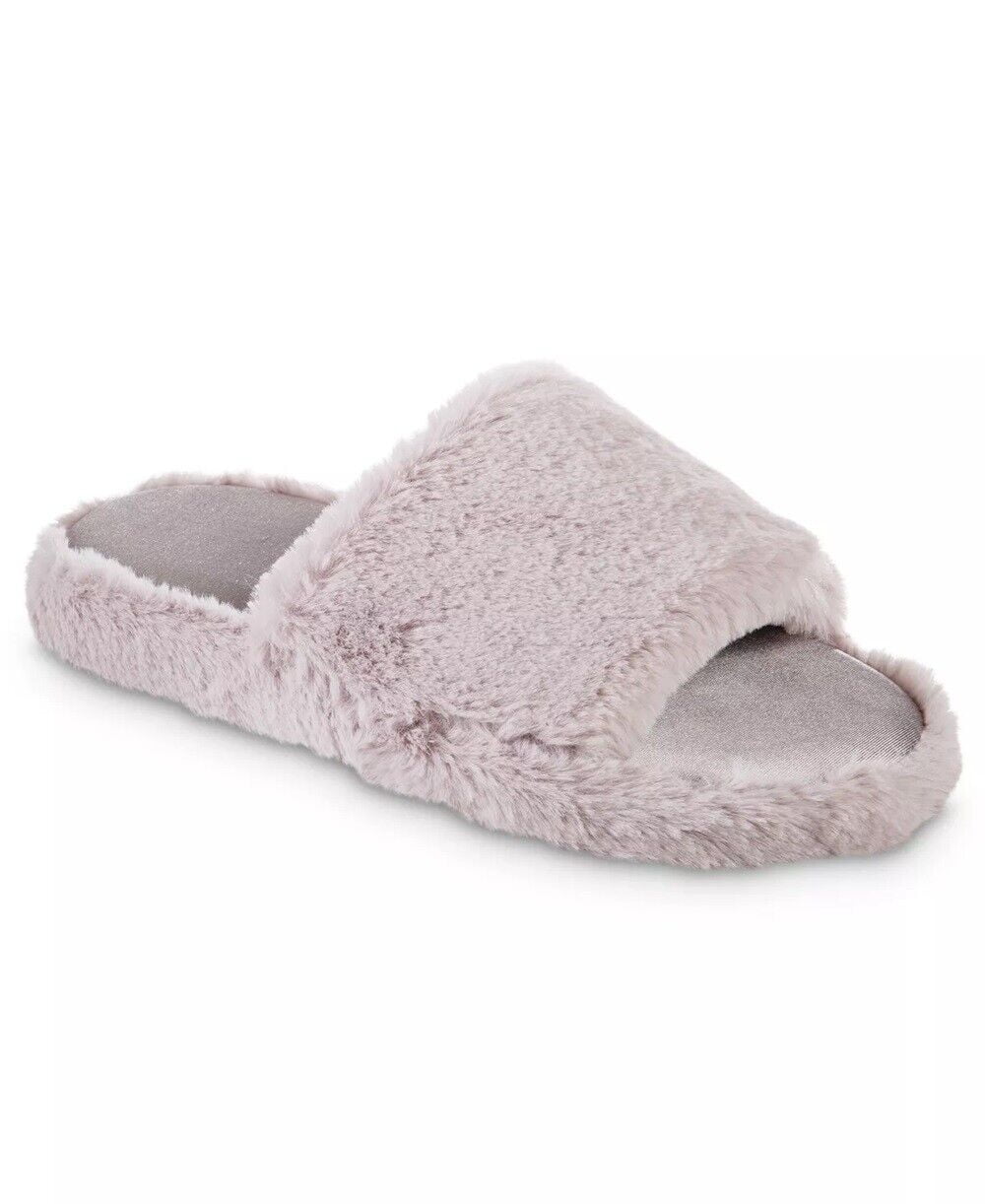 isotoner Women's Memory Foam Faux Fur and Satin Tabby Slide Slippers ...