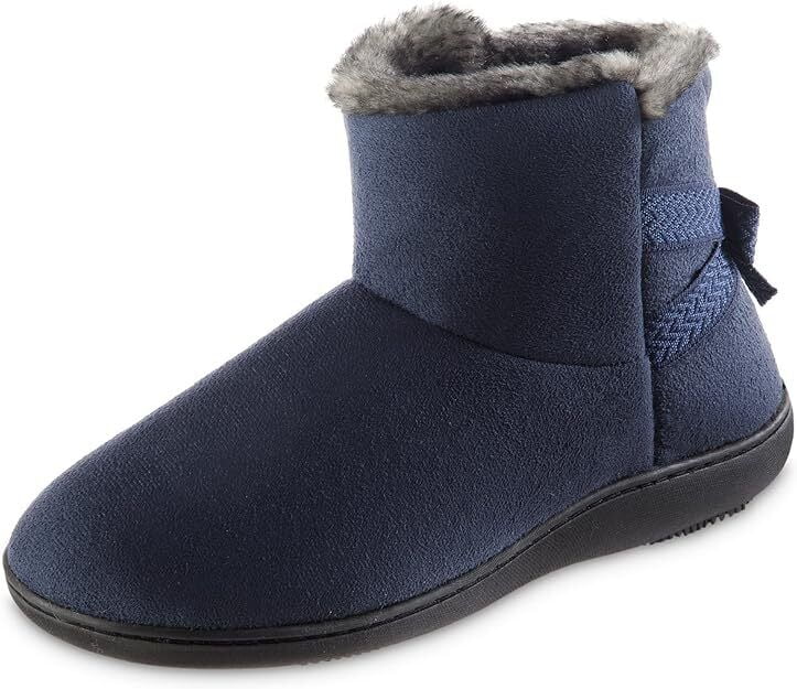 isotoner Women's Microsuede Mallory Bootie Slippers with Bow, Navy Blue ...