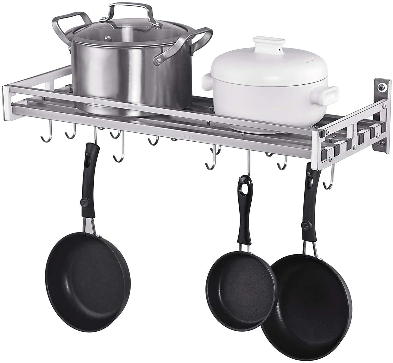 istBoom Wall Mounted Pot Holder Pan Organizer with 16 Hooks, Stainless Steel Kitchen Wall Pots ...