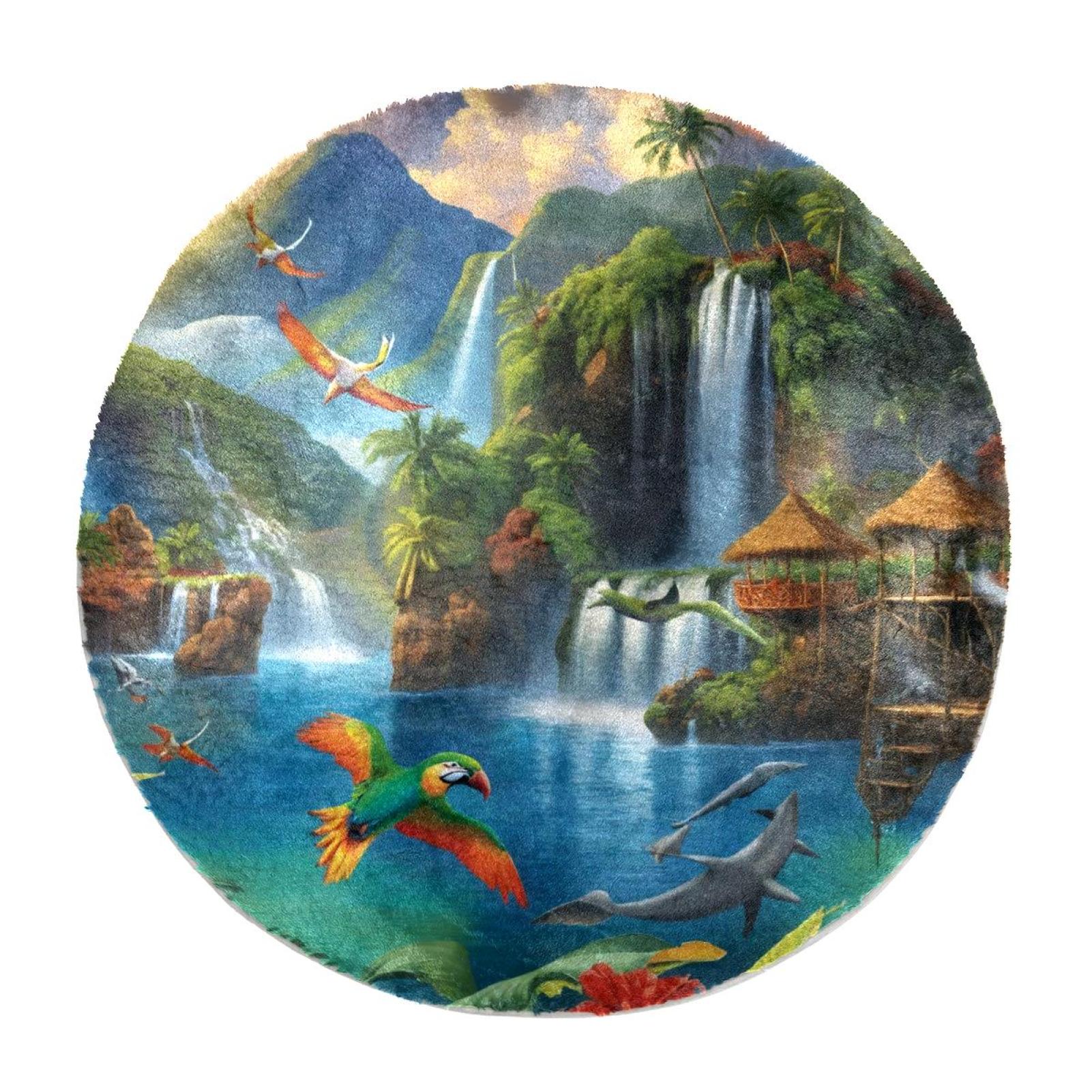 itdsatrgt Waterfall Parrots Dolphins Round Shaggy Rug Shag Pile Soft ...