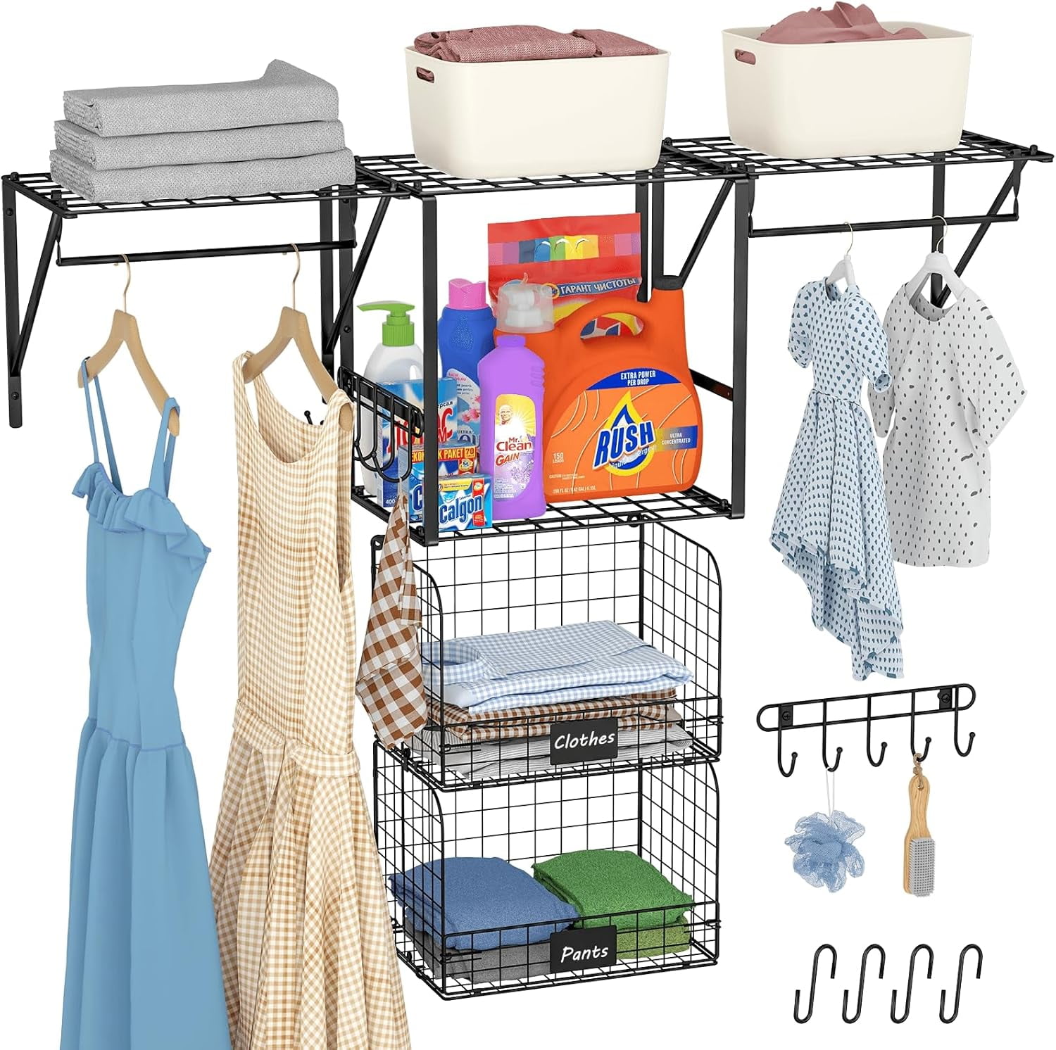 iuhbpok 3 Pack Laundry Room Shelves with Wire Storage Baskets Over ...