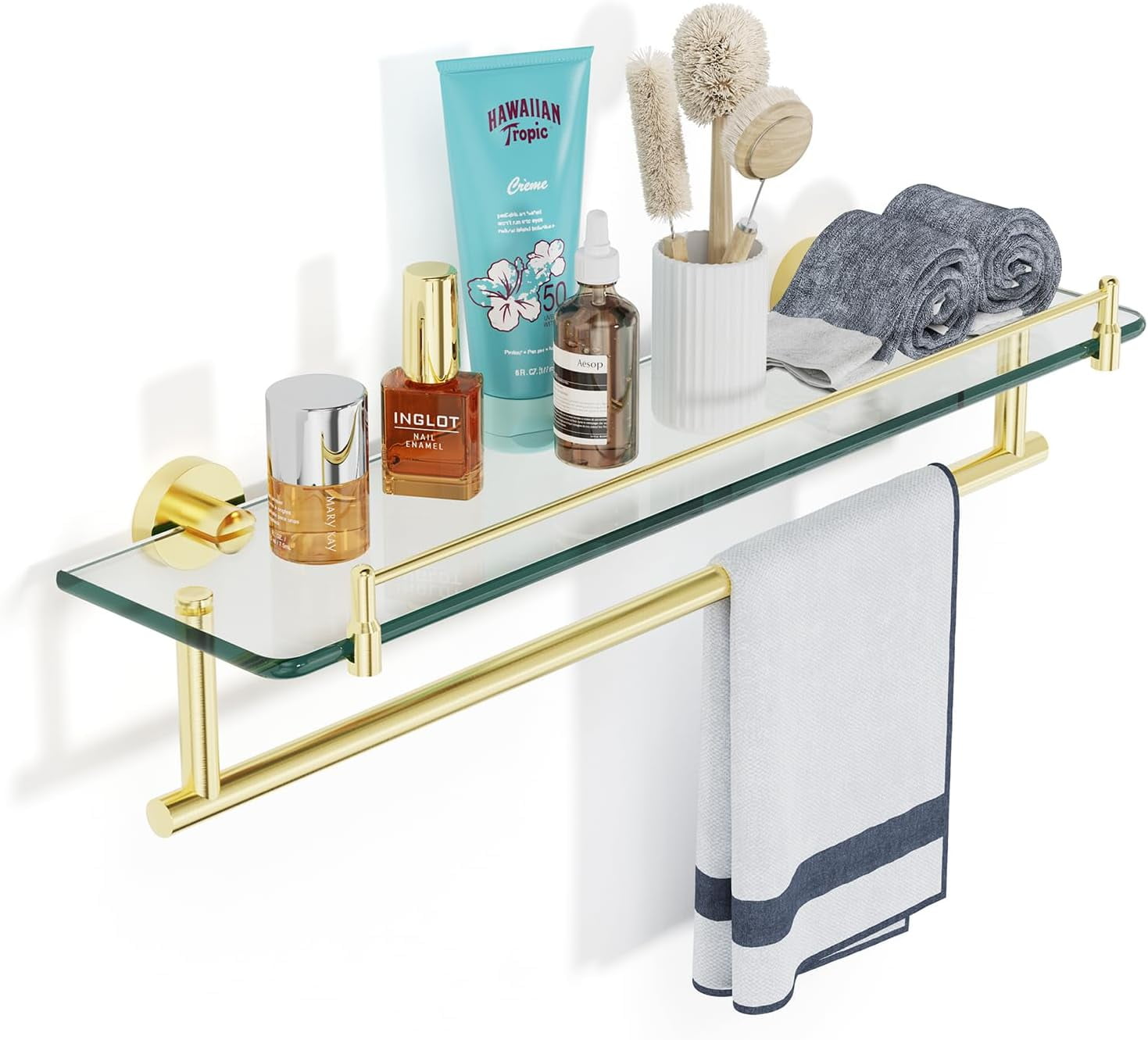 iuhbpok Glass Bathroom Shelf with Towel Bar 16-Inches Brushed Gold Floating Glass Shelf with ...