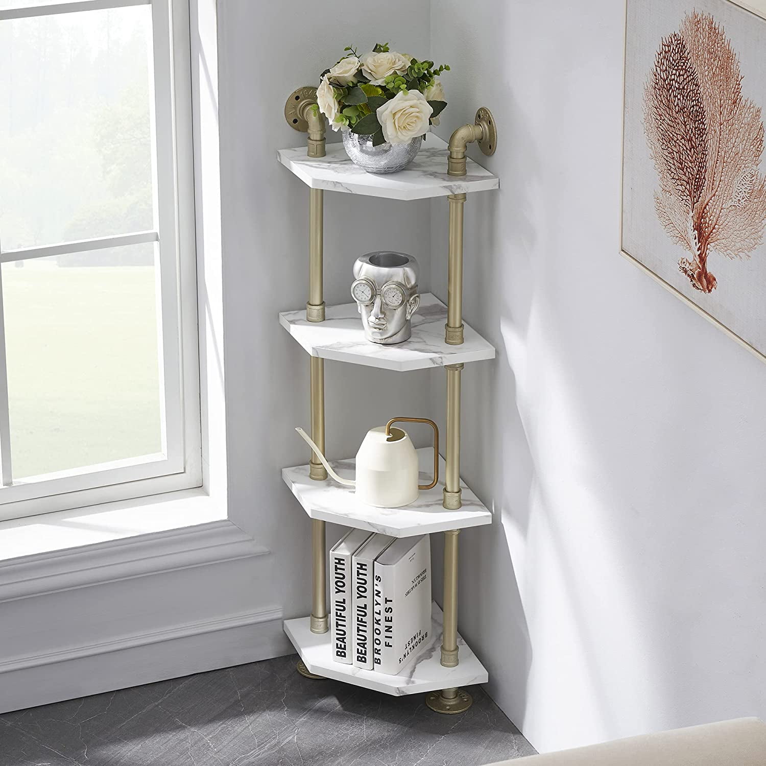 ivinta Corner Bookshelf with Storage, Wall Mount Pipe Shelves, White ...