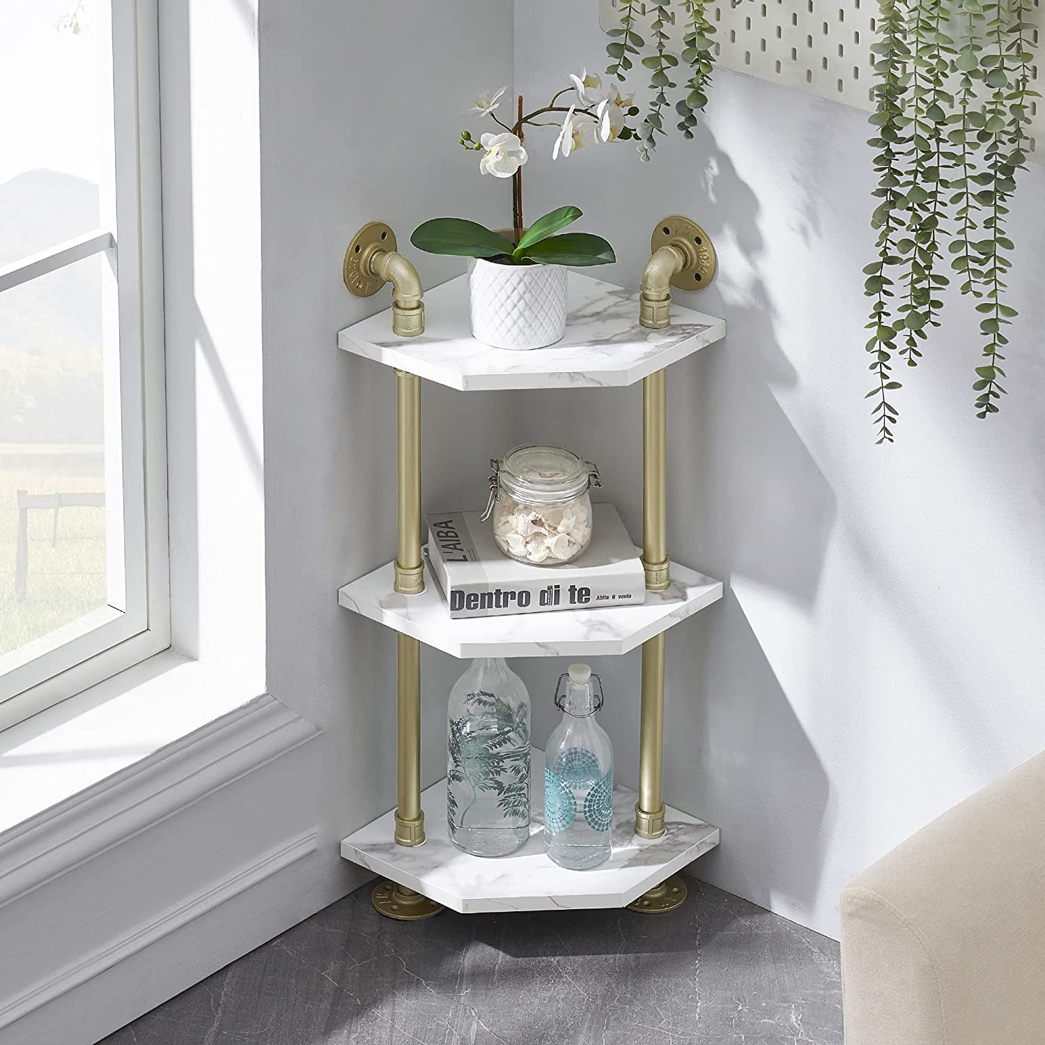 ivinta Corner Bookshelf with Storage, Wall Mount Pipe Shelves, White ...