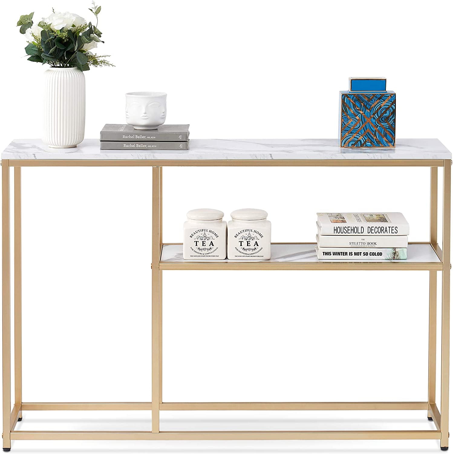 ivinta Narrow Console Table, White Marble Sofa Table Small TV Entryway ...