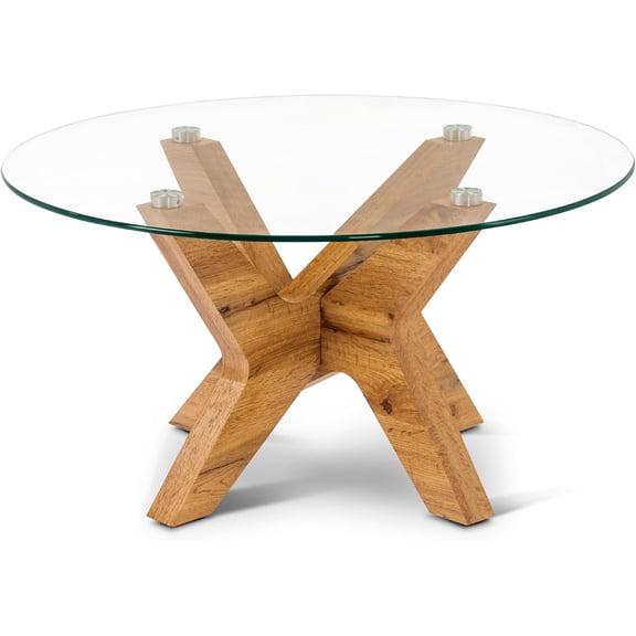 Ivinta 31.5" Round Coffee Table with Tempered Glass Top and Natural ...
