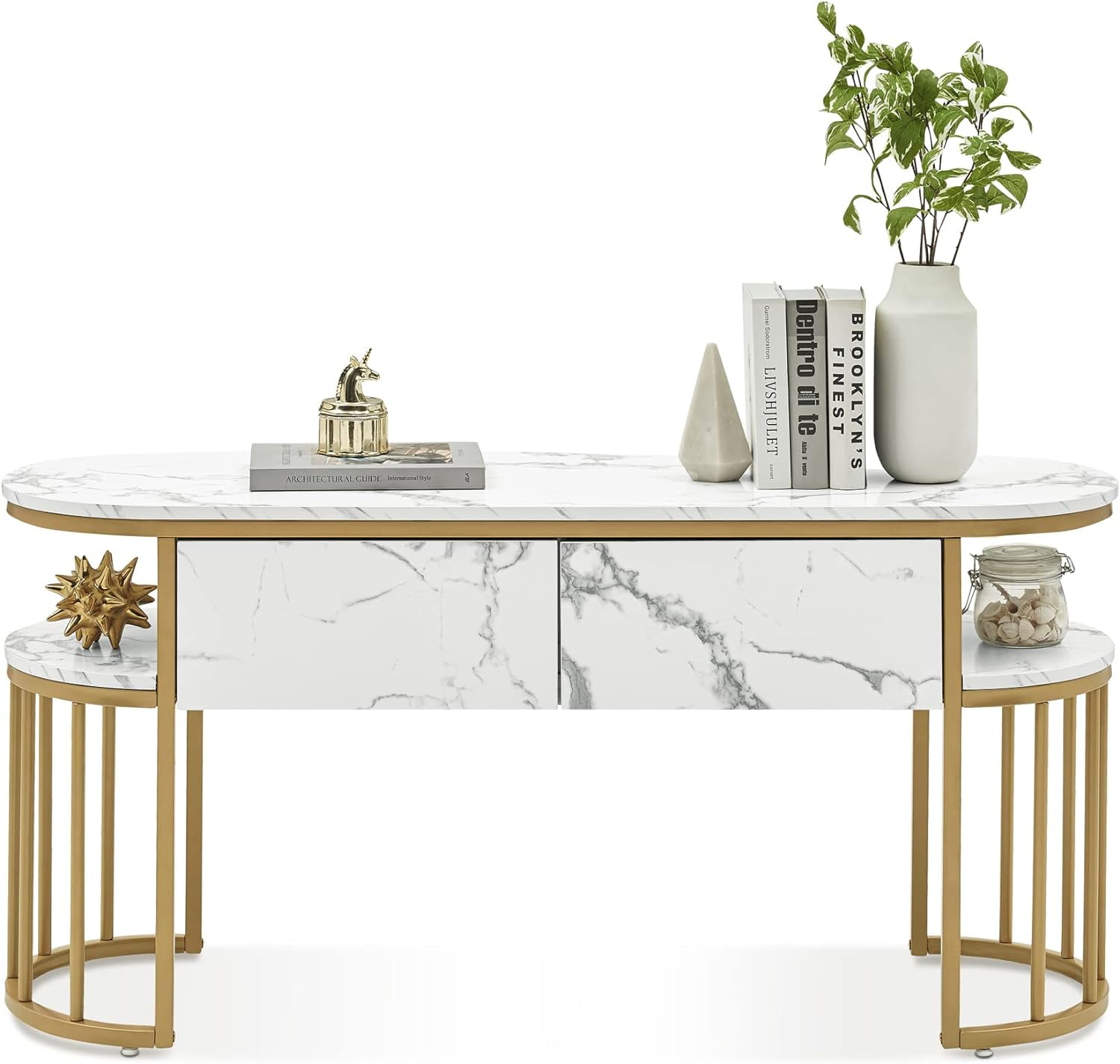 ivinta White Entryway Table, Modern Faux Marble Top Console Table with ...