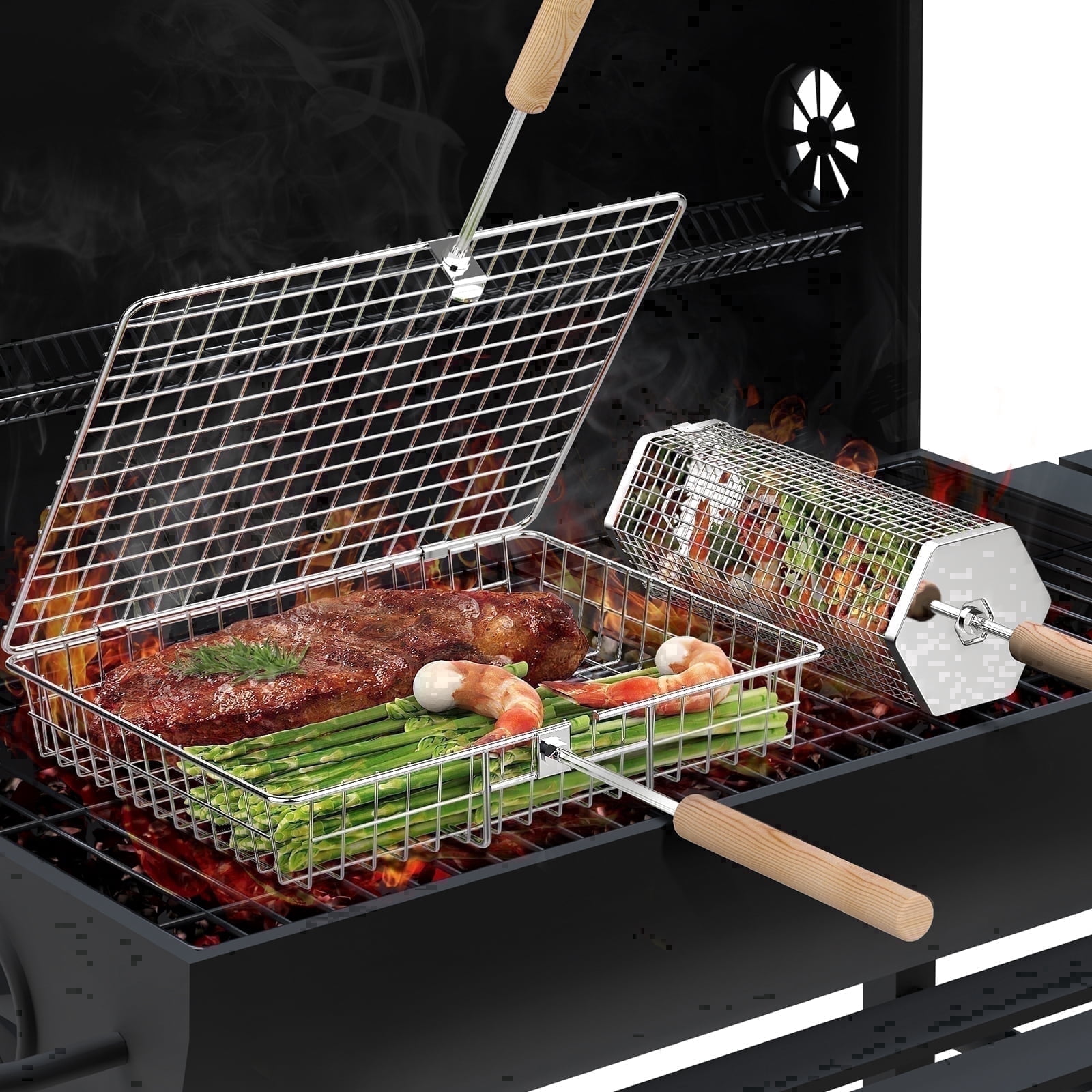 Grill Basket, Removable Wooden Handle, 304 Stainless Steel, BBQ Tool ...