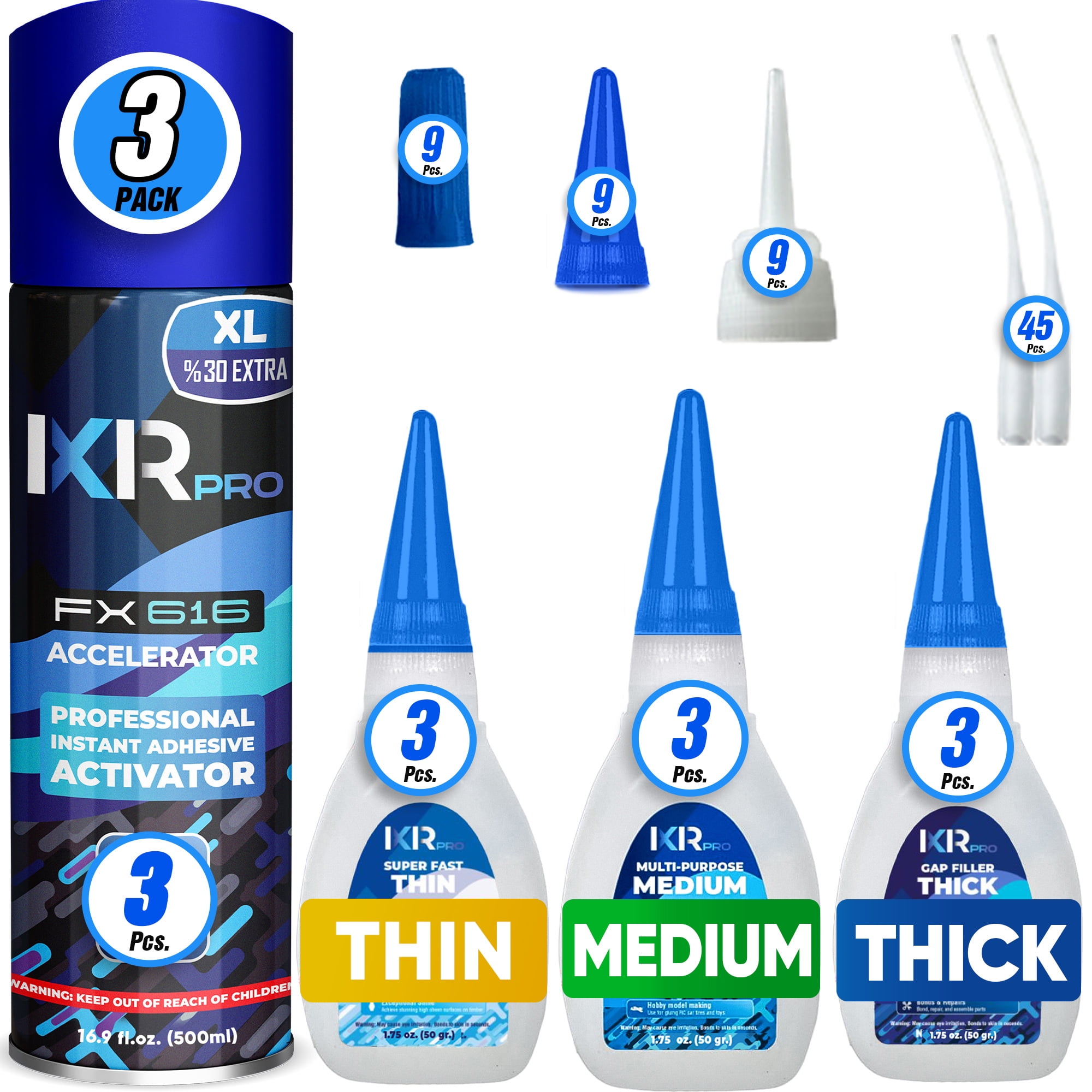ixirpro CA Glue & Accelerator Kit - 9x1.75 oz (Thin, Medium, Thick)+16. ...