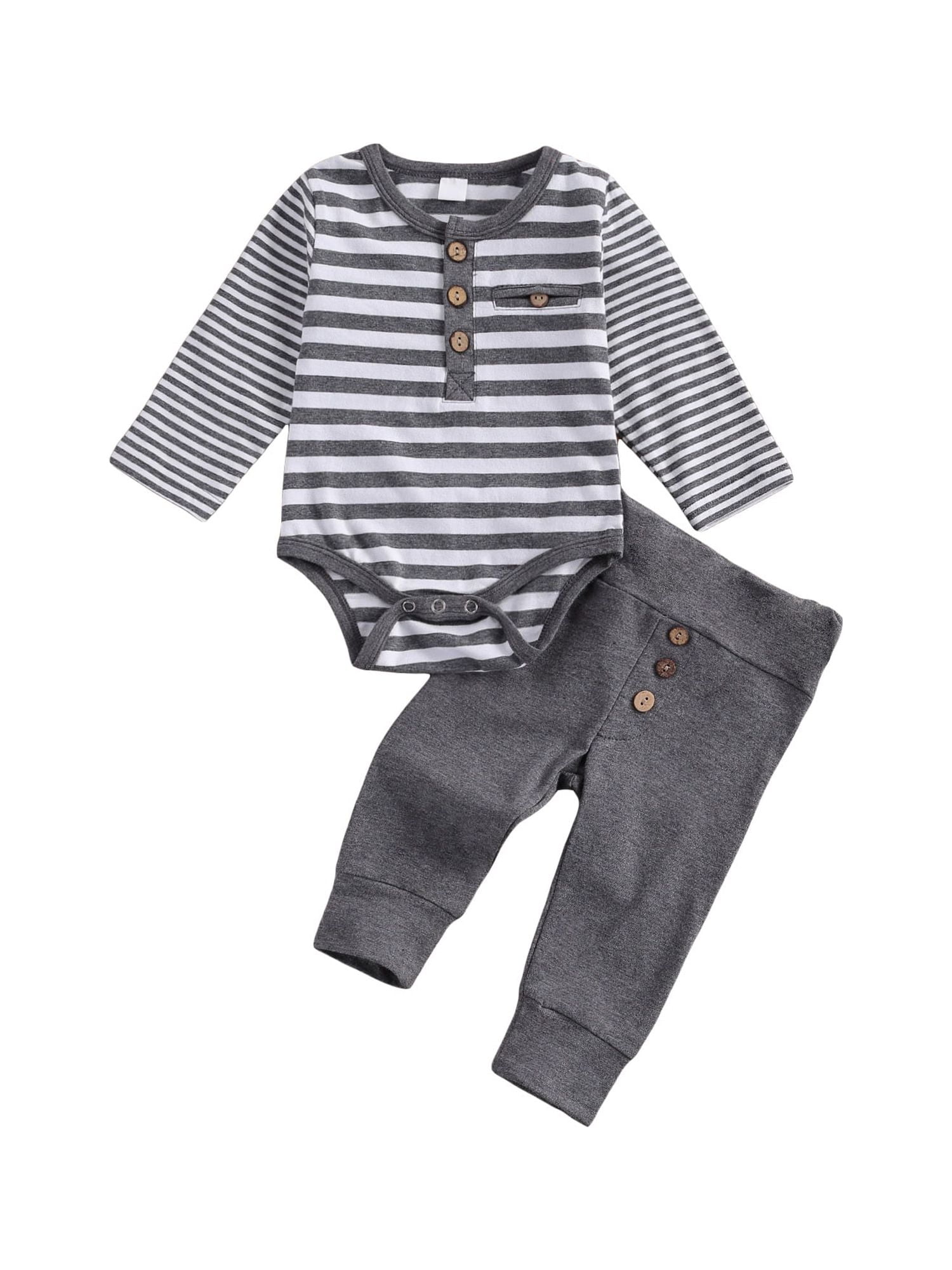jaweiw 2Pcs/Set Newborn Baby Boys Outfit Long Sleeve Striped Bodysuit ...