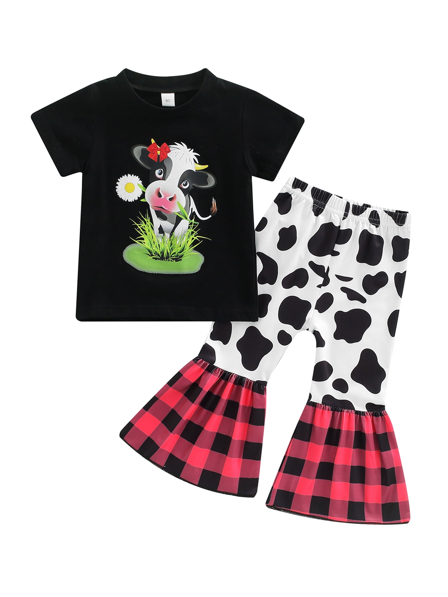 jaweiw Baby Kid Girls Summer Clothes Set, Short Sleeve Cow Print T-shirt with Patchwork Flare ...