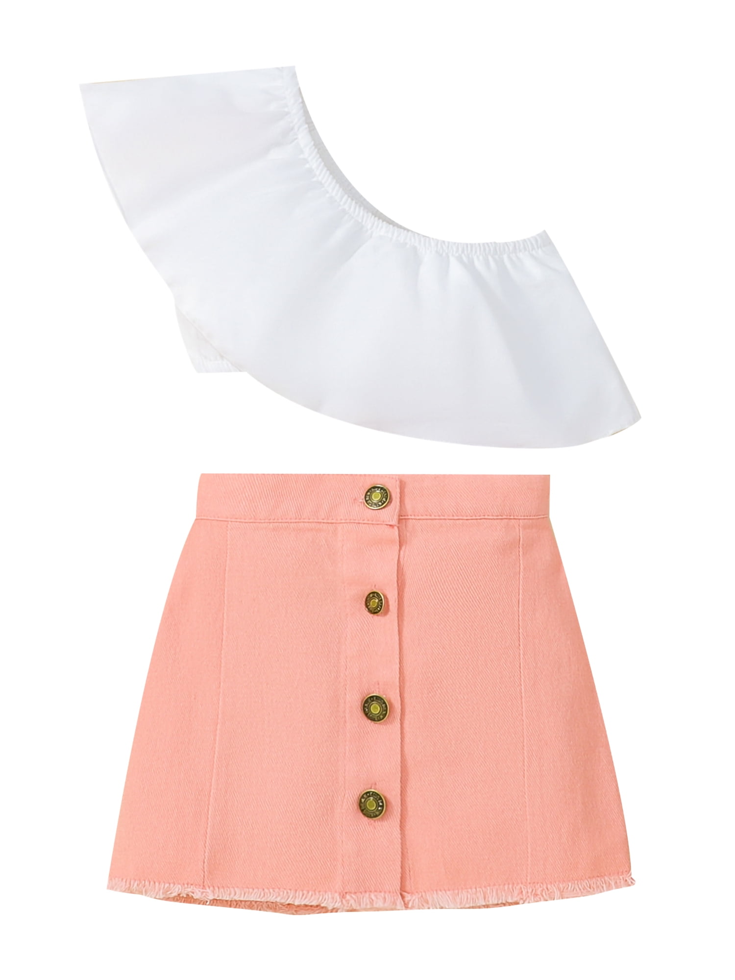 jaweiw Little Girls Summer Outfits Set Ruffled Slanted Shoulder Design ...