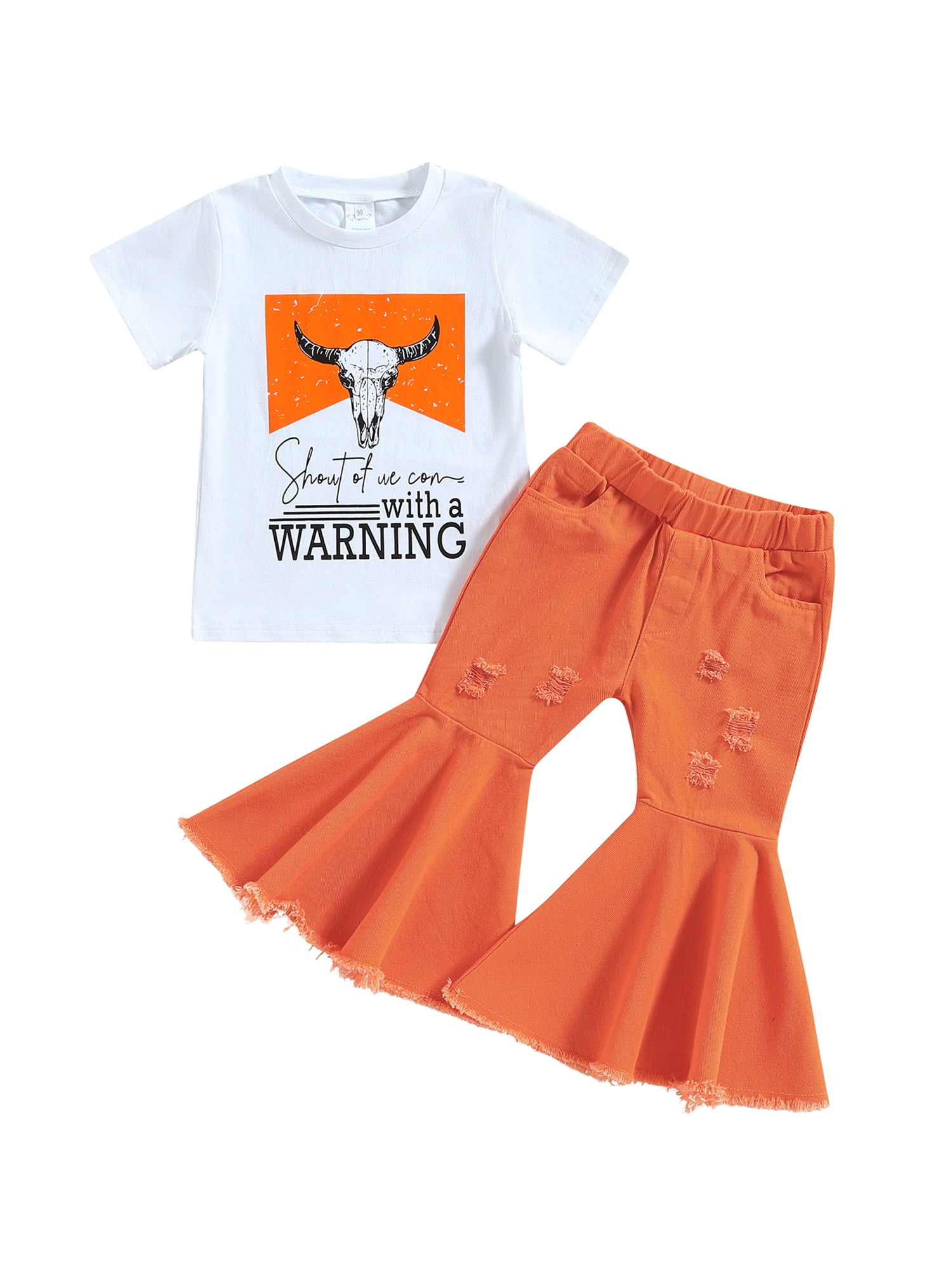 jaweiwi 2Pcs Kid Girls Summer Outfits, Short Sleeve Bull Head Print T ...