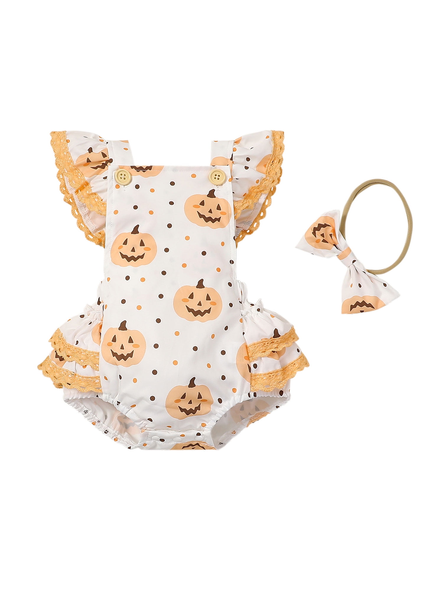 jaweiwi Infant Baby Girl Halloween Jumpsuit 0 3M 6M 12M 18M Cartoon Pumpkin Print Flying Sleeve ...