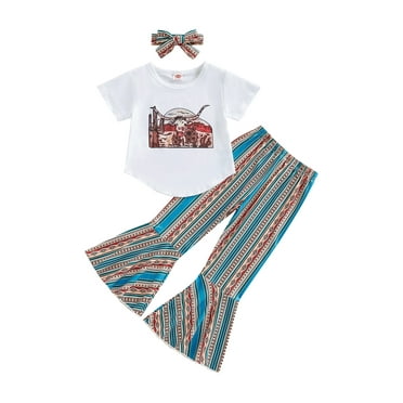 BemeyourBBs Kids Girls Summer Outfits Western T-Shirt and Flare Pants Headband - Walmart.com