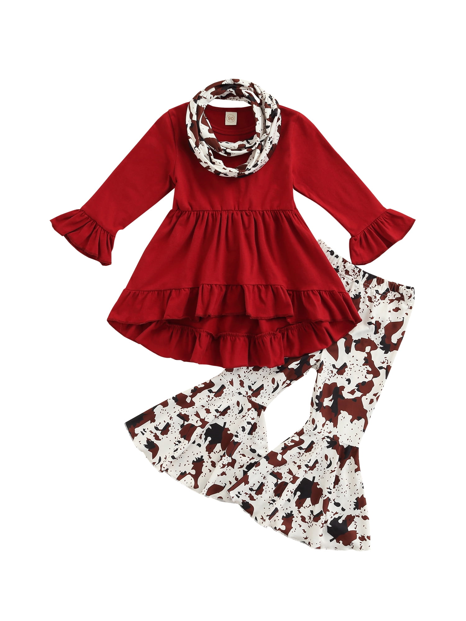 jaweiwi Toddler Baby Girls 3PCs Outfits Long Pullover Ruffle Dress Shirt Cow Print Flared Pants ...