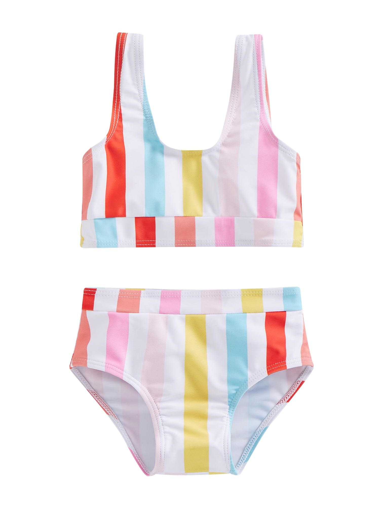 jaweiwi Toddler Girl's Summer Bikini Set, Rainbow Stripe Print U-Neck Vest + High Waist Triangle ...