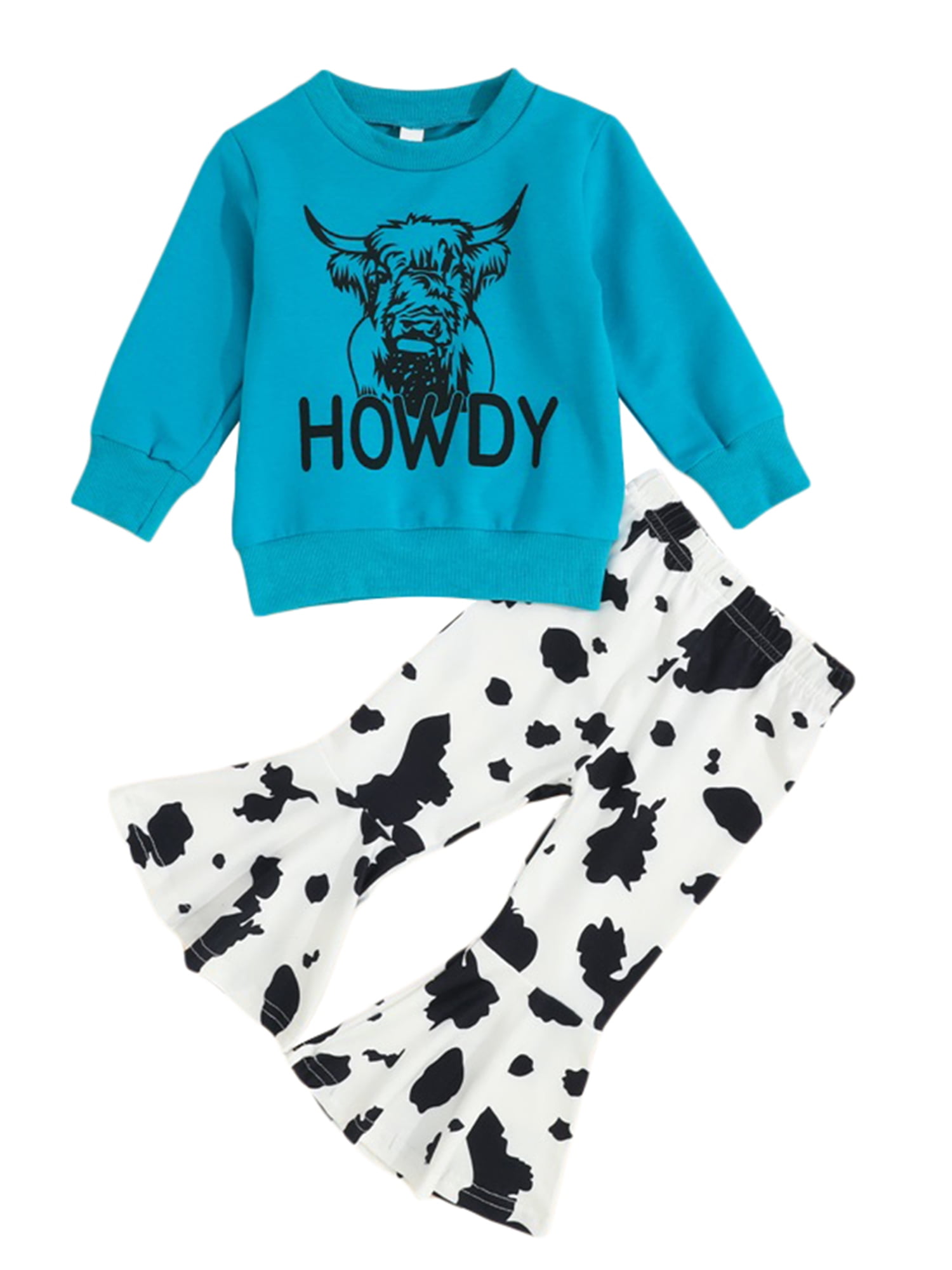 jaweiwi Toddler Girls Autumn Outfit Set Blue Long Sleeve Cow Head Print Pullover Sweatshirt ...