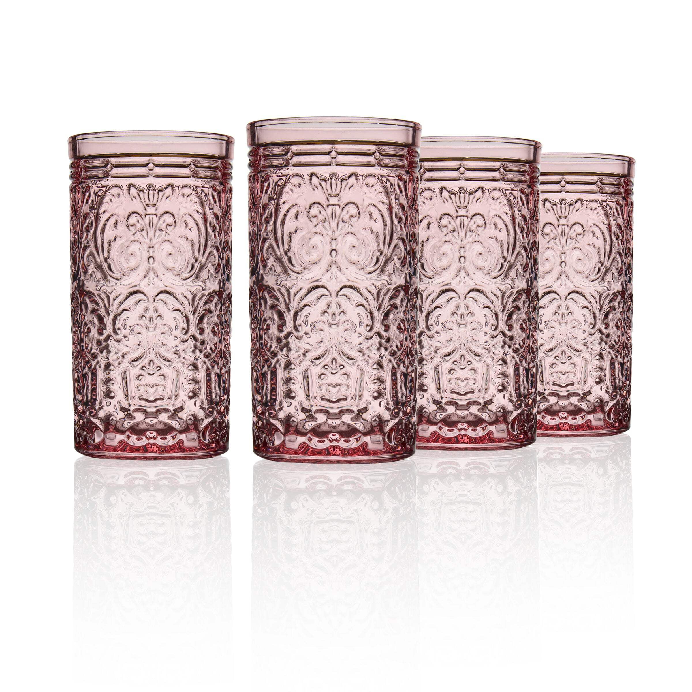 Jax Pink Highball 14 oz Glass Cups, Set of 4, Unleaded Crystal Drinking ...