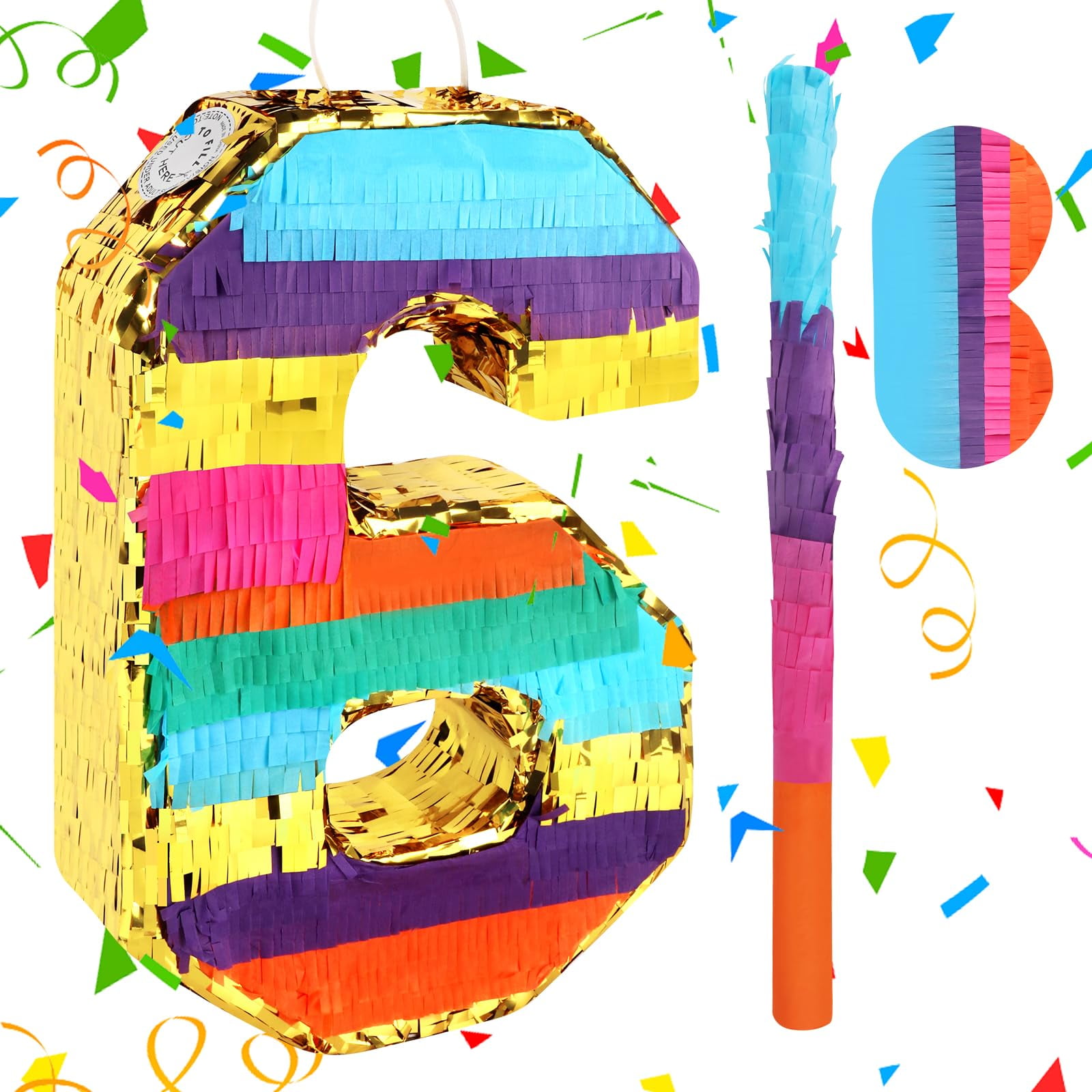 Rainbow Number 6 Pinata MMF7 with a Blindfold and Bat for Boys Girls ...