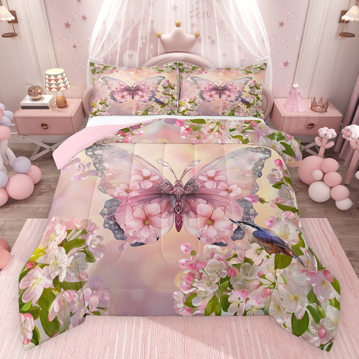 jejeloiu 3D Cute Butterfly Queen Comforter Set,Rustic Flowers Plants Bedding Sets,Pink Floral ...
