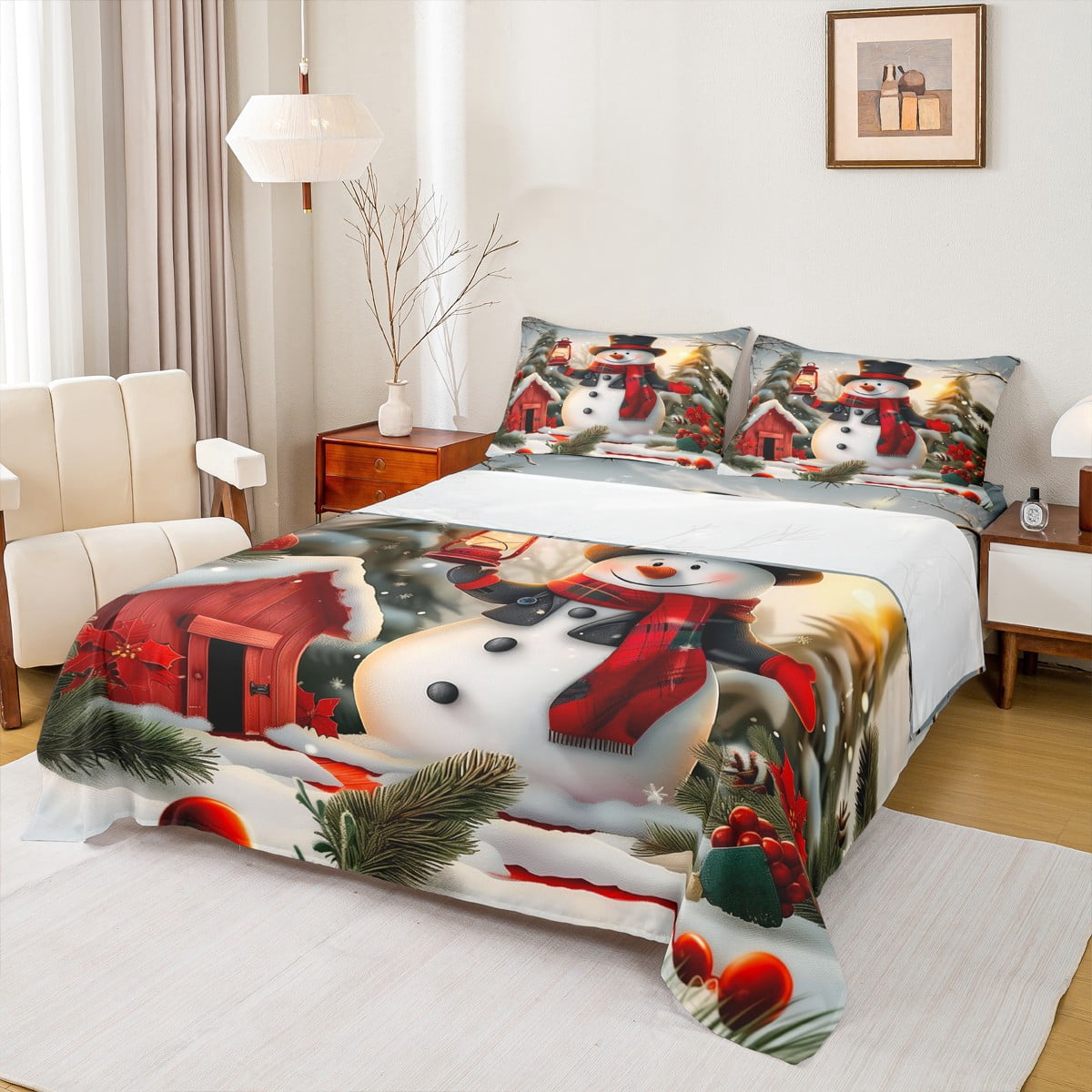 jejeloiu Abstract Christmas Snowmen Queen Sheet Sets,Xmas Tree Flat ...