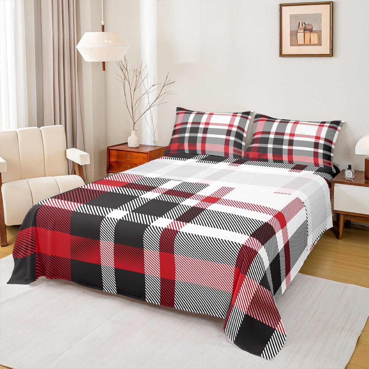 jejeloiu Abstract Geometric Grid Full Size Sheets,Checkered Plaid ...