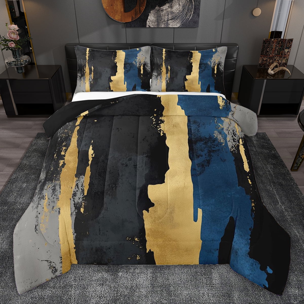 jejeloiu Abstract Geometric Stripes Full Size Comforter Sets,Black Blue ...