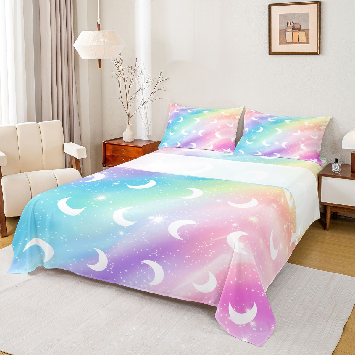 jejeloiu Abstract Rainbow Stripe Full Size Sheets,Moon Stars Pattern ...