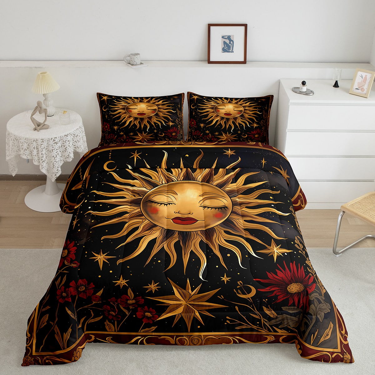 jejeloiu Abstract Sun Moon Bedding Comforter Set,Red Flower Floral Twin ...
