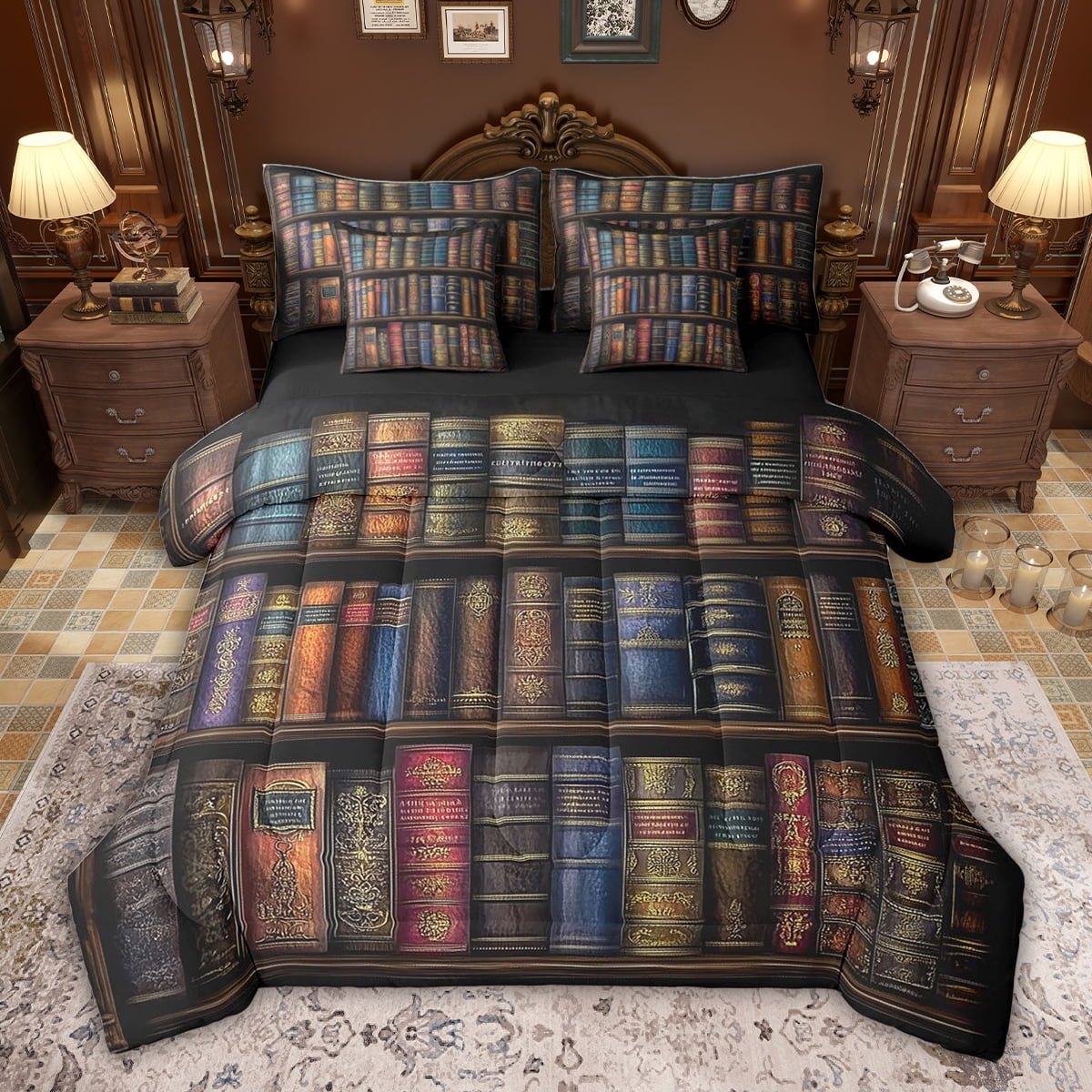 jejeloiu Adults Library Books 7pcs Bedding Comforter Set,Vintage Wooden ...