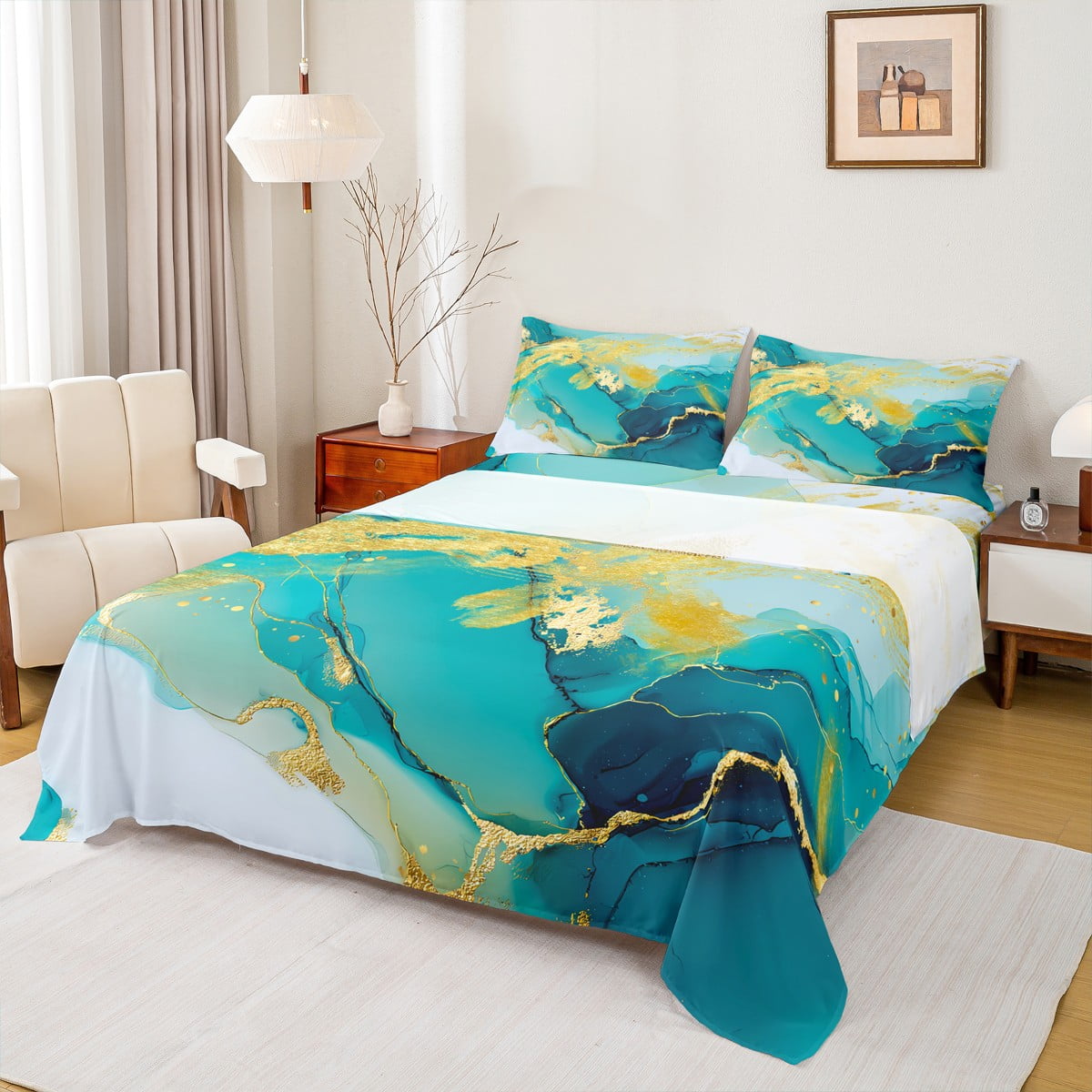jejeloiu Aesthetic Geometric Art Bed Sheets,Gpld Splatter Gold King ...