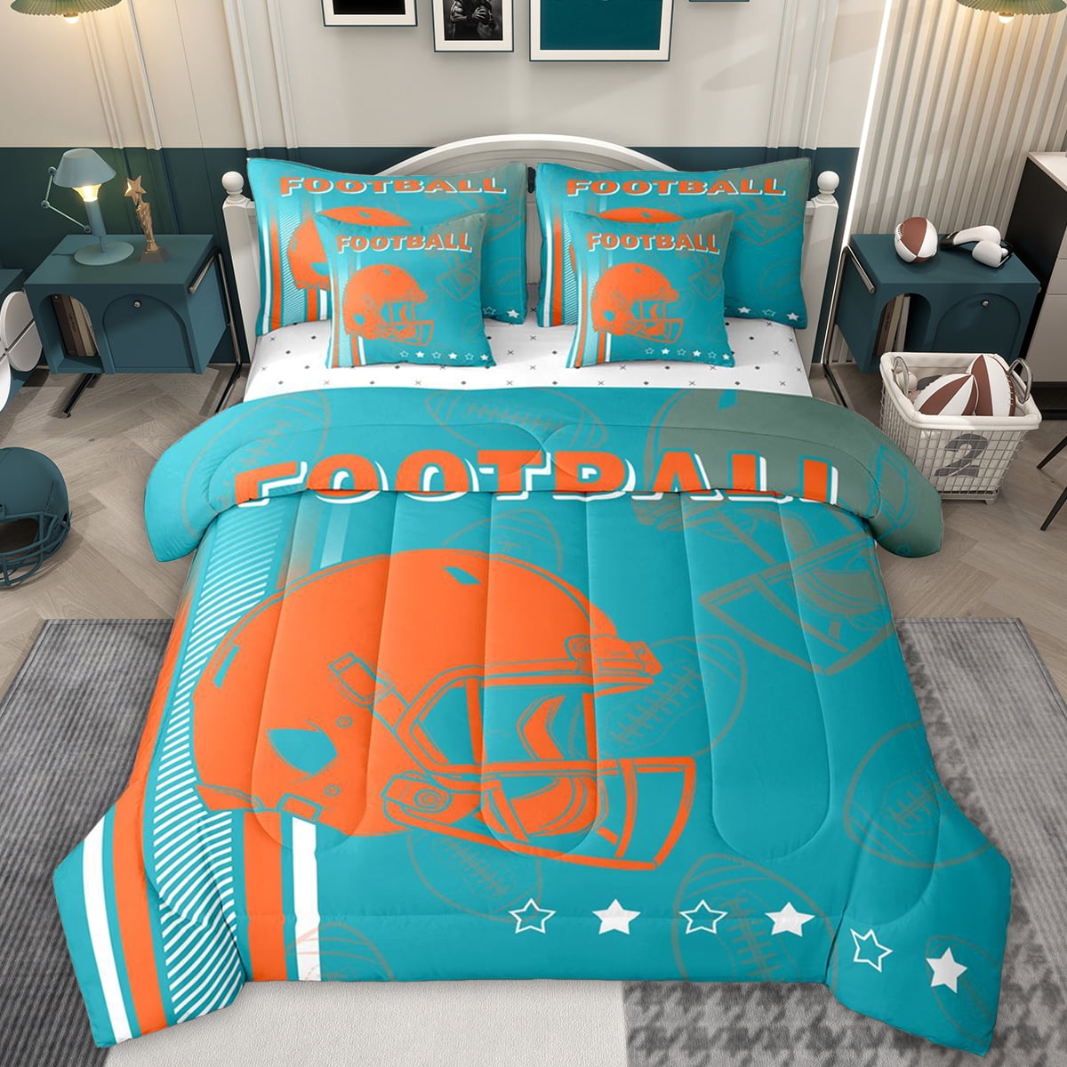 jejeloiu American Rugby Ball 7-Piece Bedding Comforter Set,Orange Cyan ...