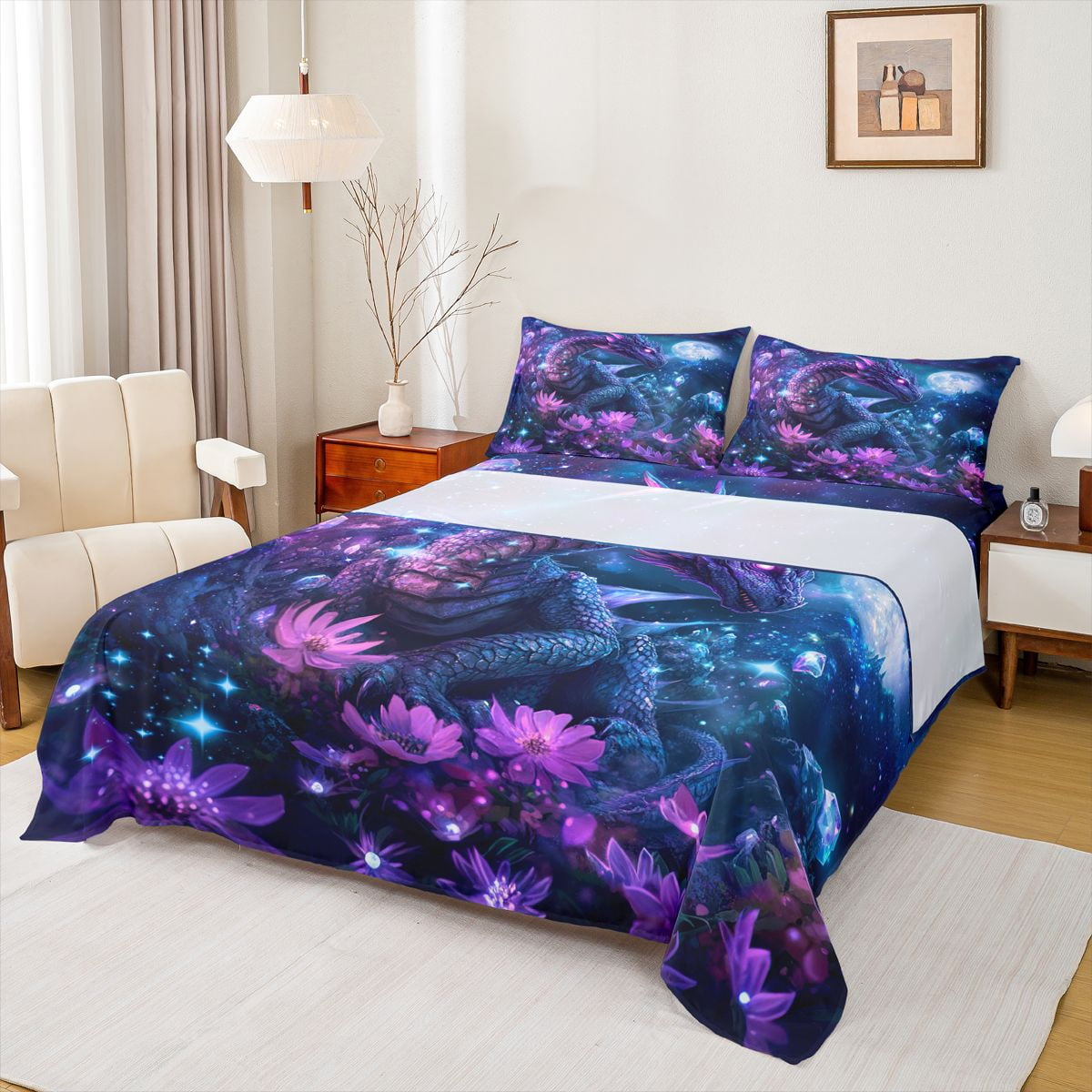 jejeloiu Ancient Animal Dragon Full Size Sheets,Rustic Floral Lotus Bed Sheets,Deepblue Purple ...