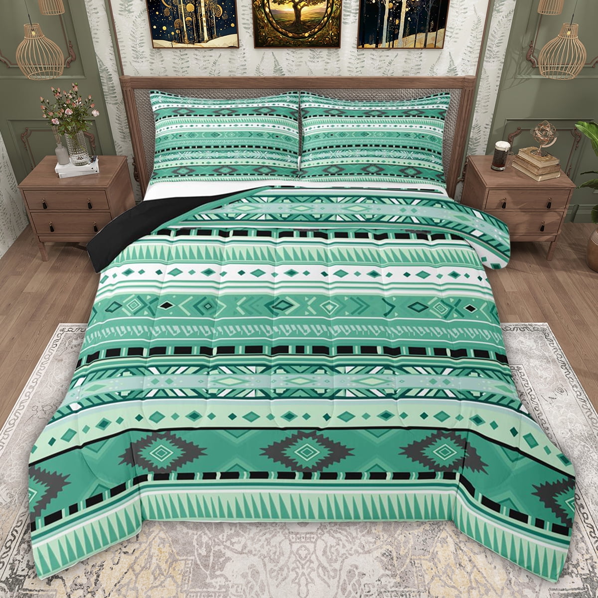 jejeloiu Ancient Bohemian Aztec Queen Comforter Set,Green Vintage ...