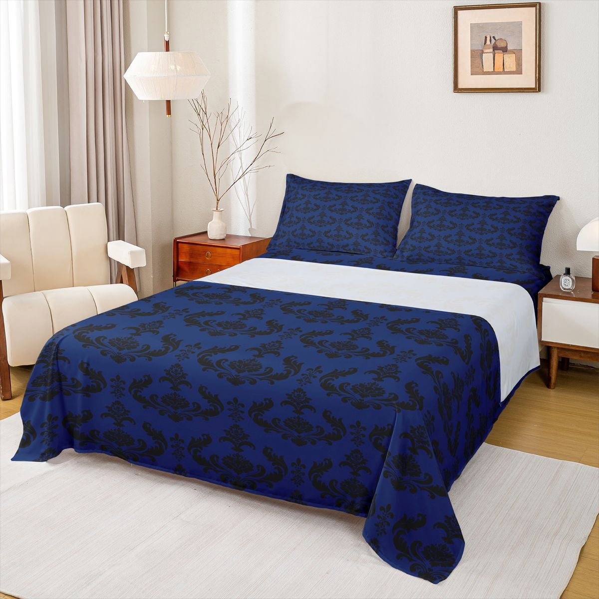 jejeloiu Ancient Damask Queen Sheets,Deep Floral Queen Sheet Sets For ...