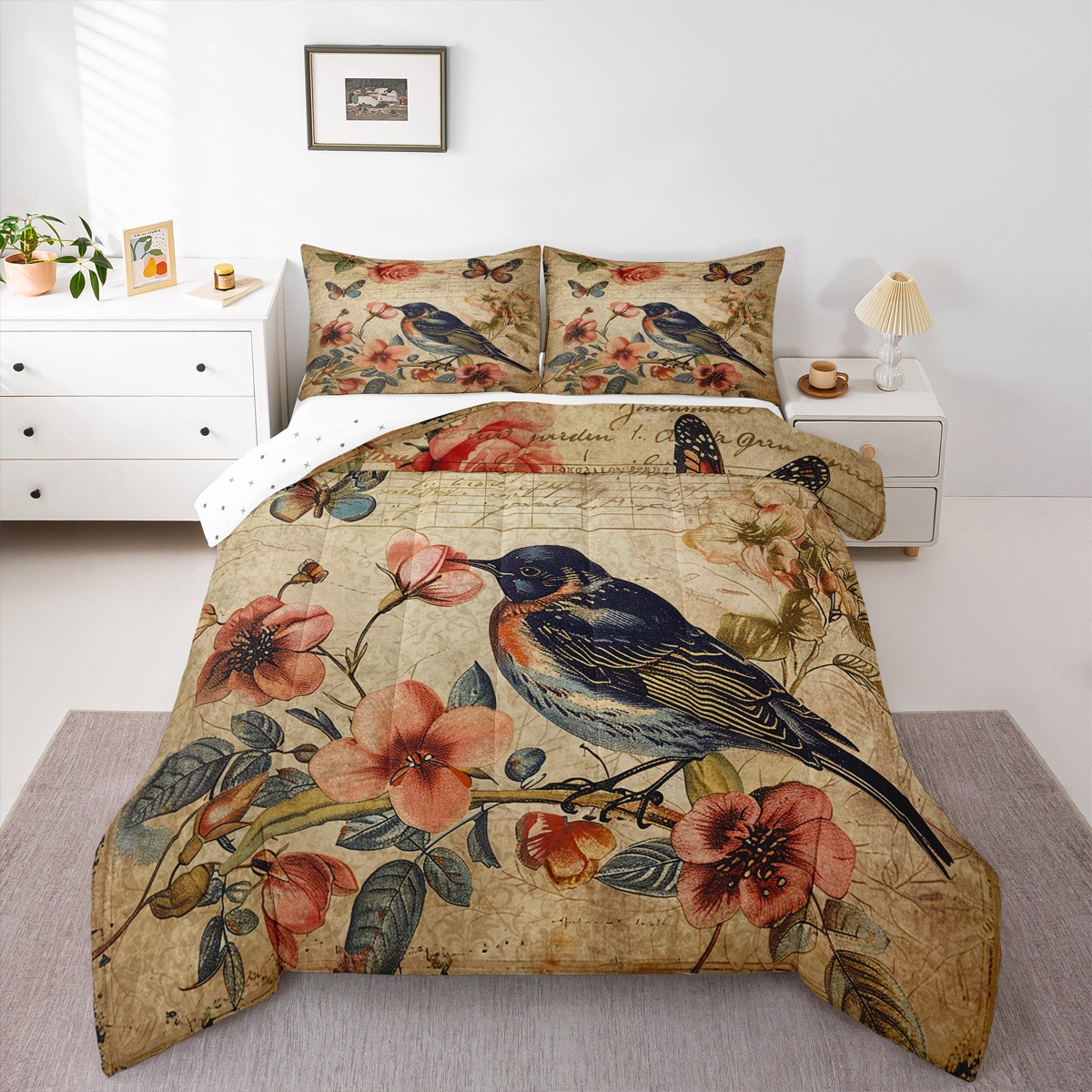 jejeloiu Ancient Flower Floral Bedding Comforter Set,Wild Flying Bird ...